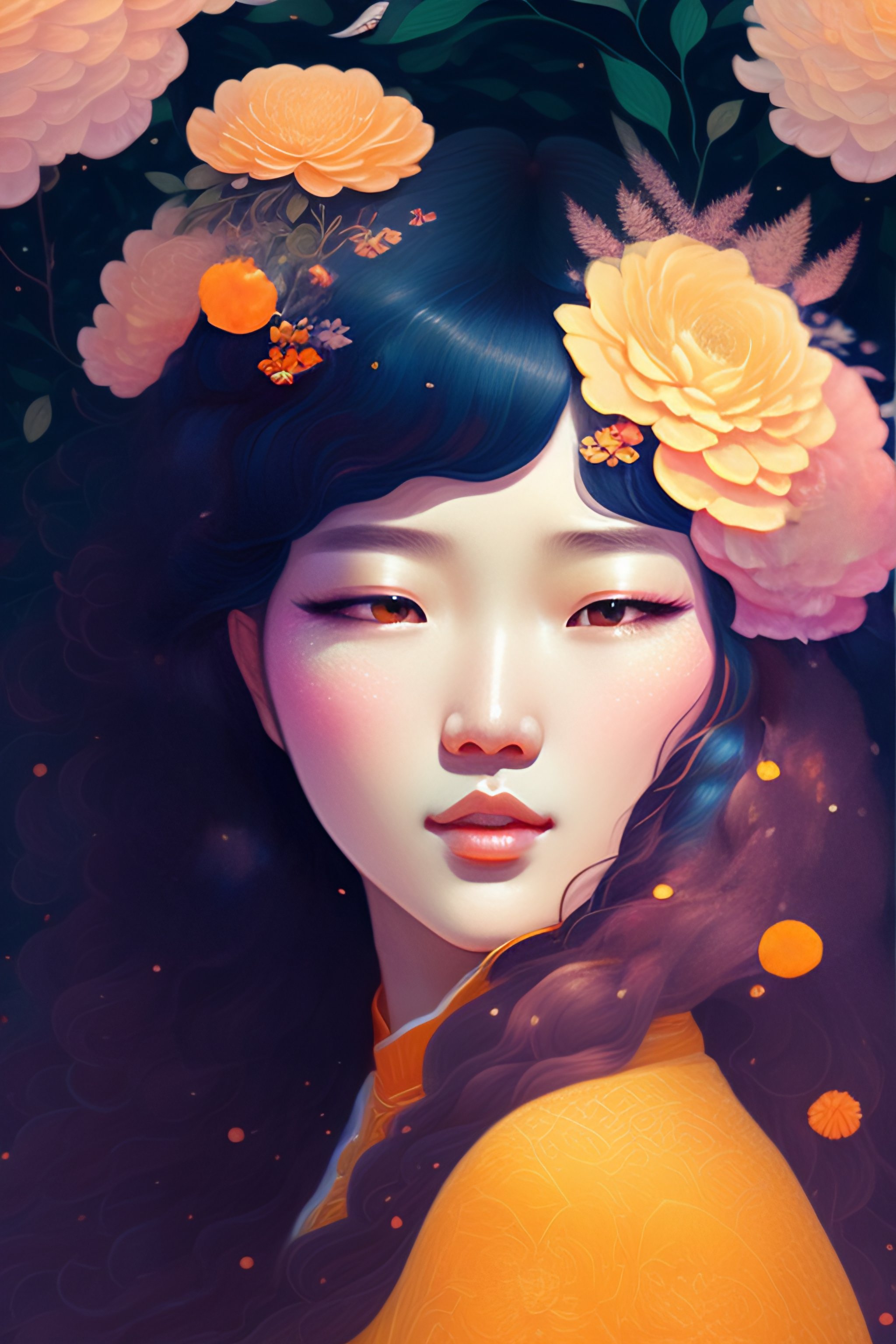 Lexica - Beautiful cute front portrait Korean ninfa, big long curly ...