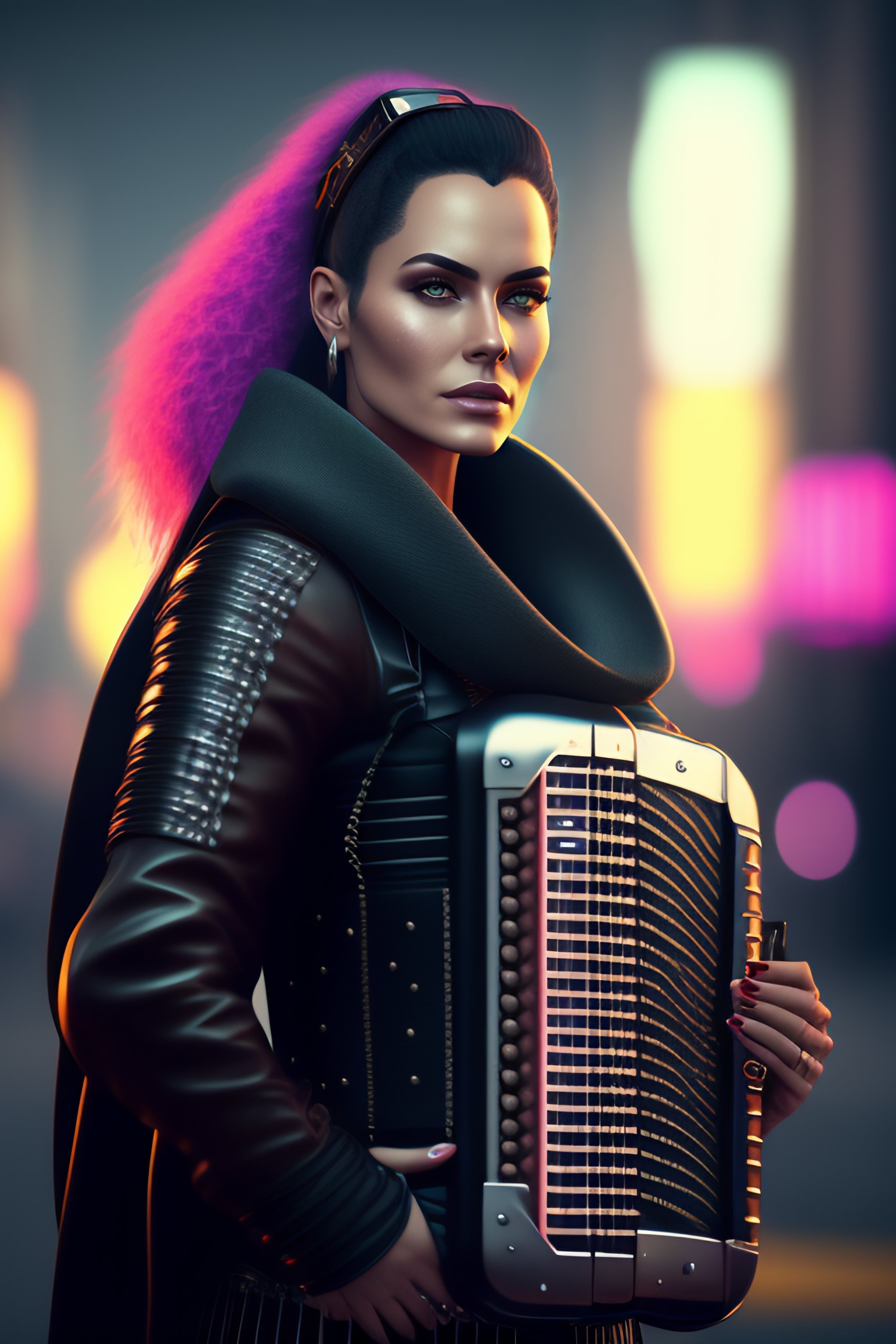 Lexica - Woman with accordion, cyberpunk, badass, realistic 3d render