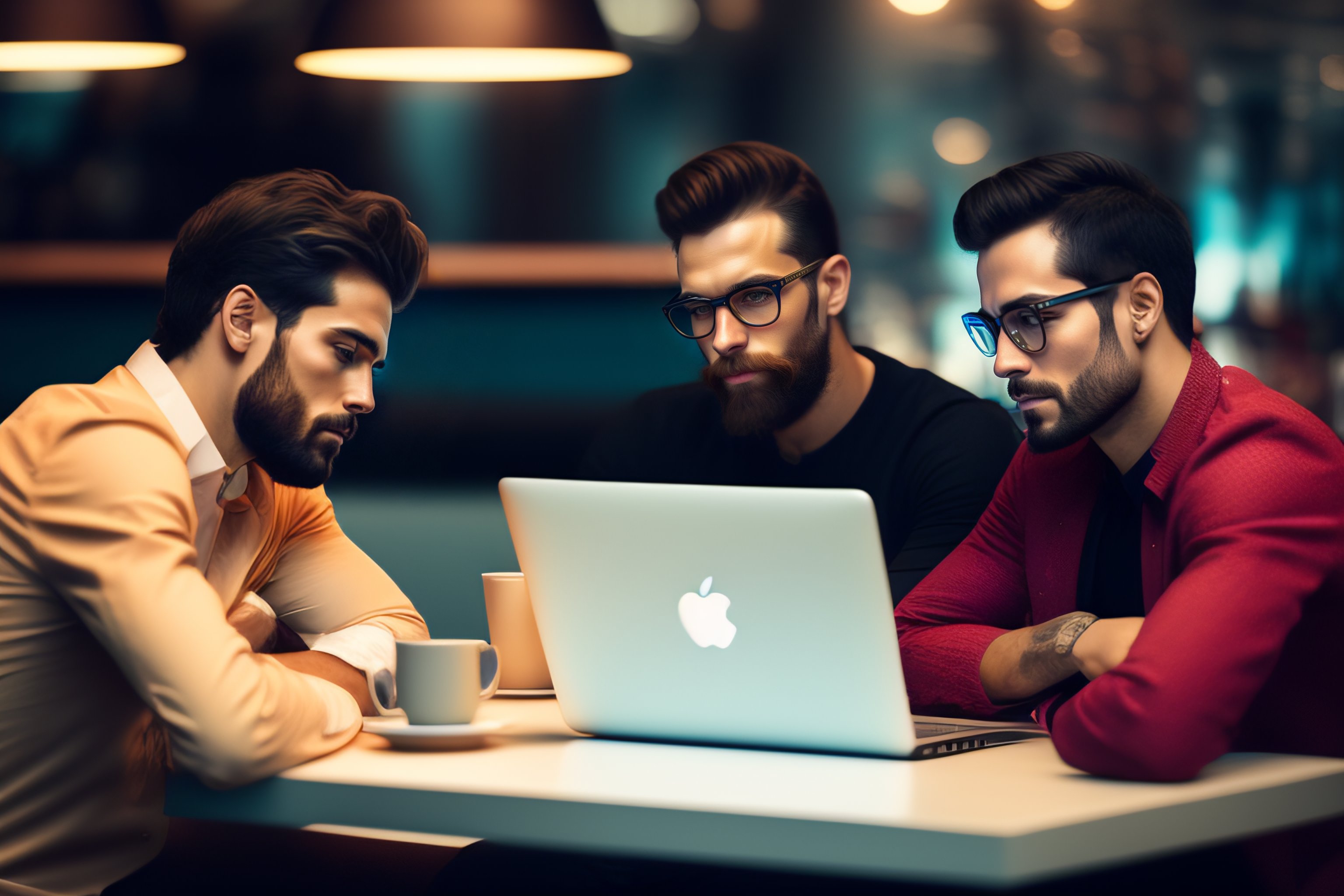 Lexica - 1 robote and 2 hipster programers, in cafe, working on MacBook,