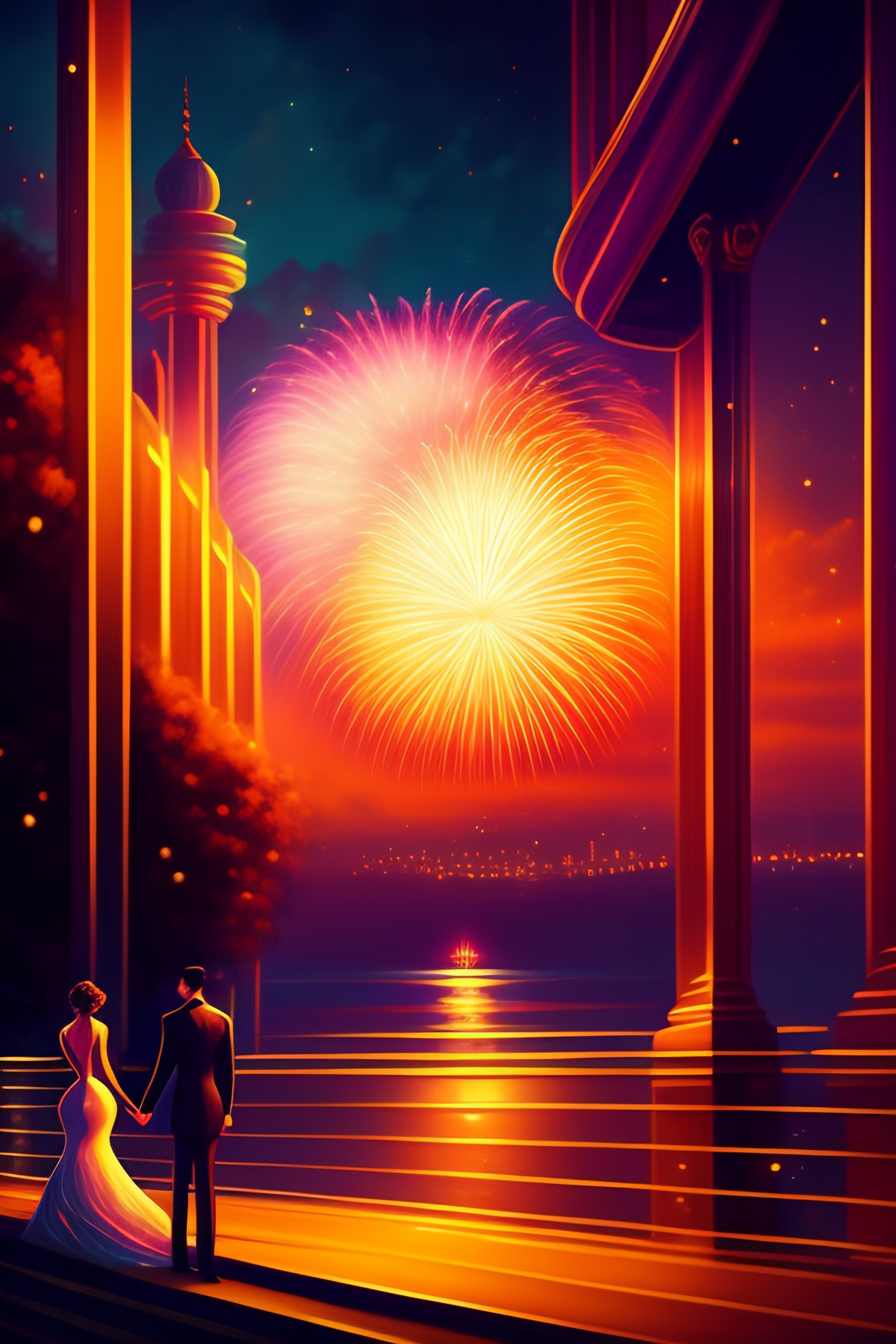 Lexica - A beautiful classy partying, fireworks in the background, gold ...