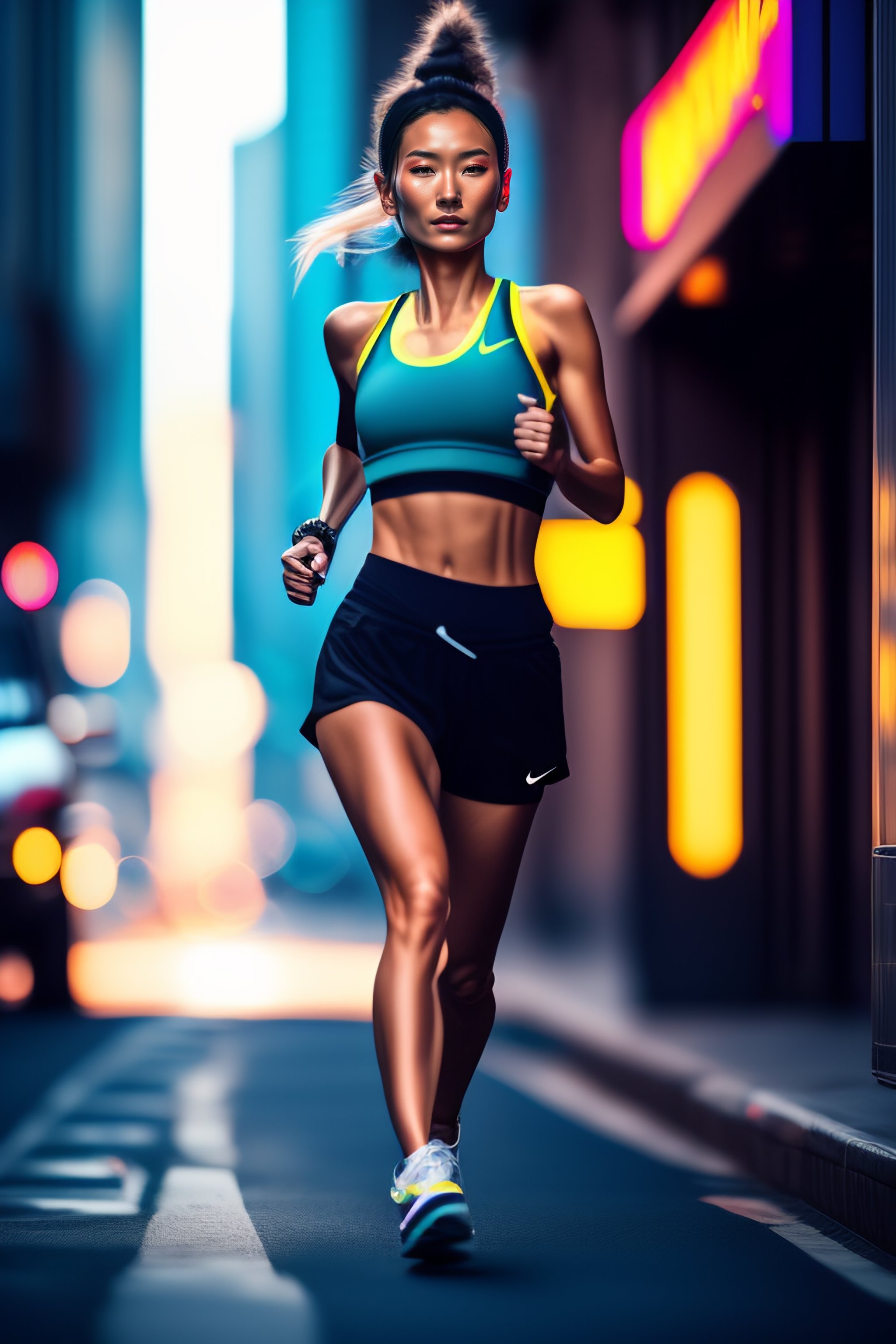 Lexica - Fit girl in nike pro gear running in cyberpunk city streets
