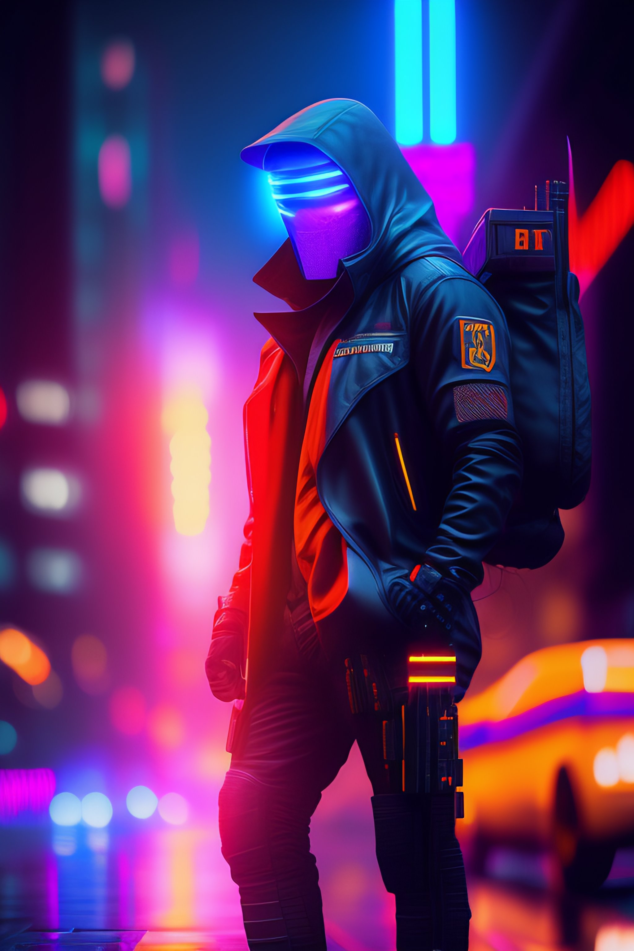 Lexica - Futeristic cyberpunk masked assassin, shooting gun, heavy rain ...