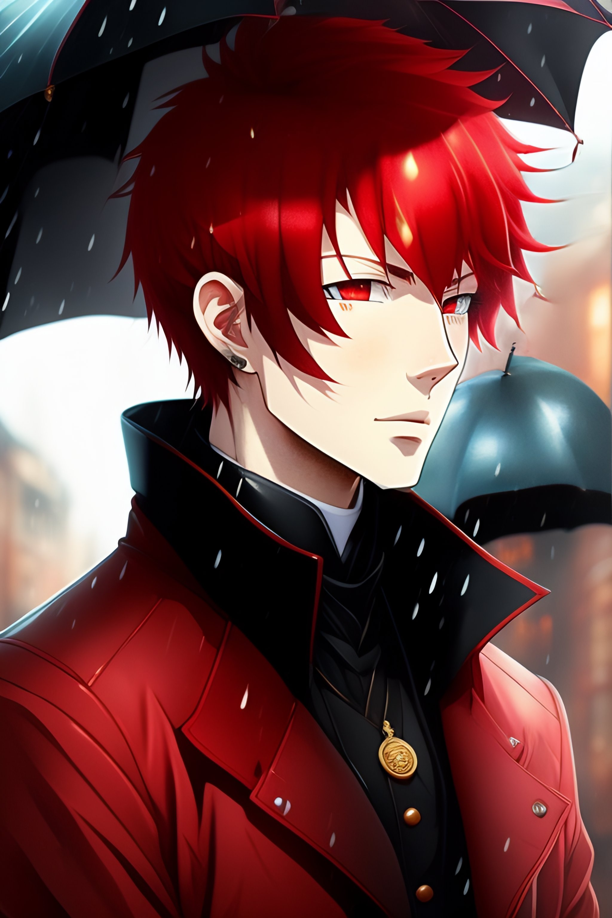 Lexica - Red haired anime man in black coat, anime style, rainy weather