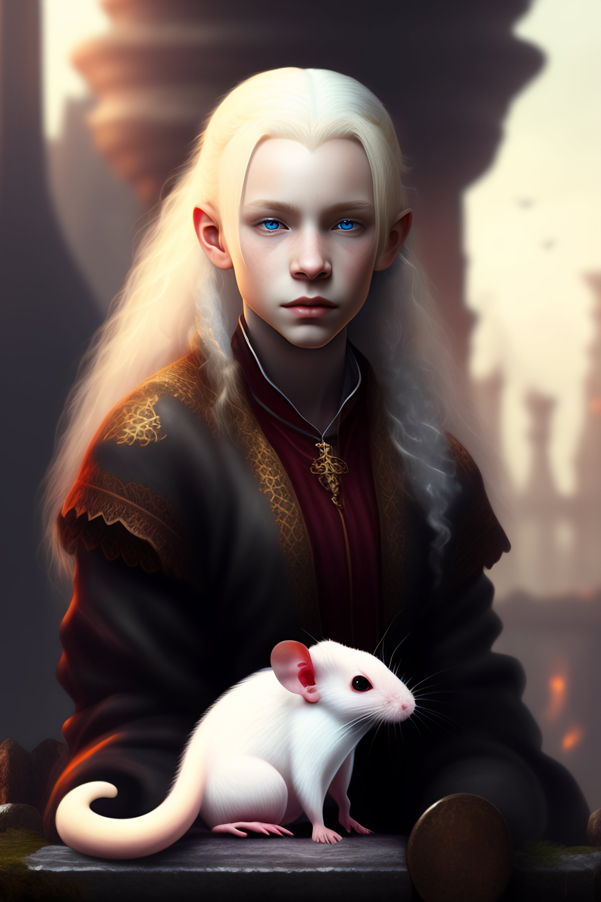 Lexica - 12 years old albino vampire female a rat in a ruined temple