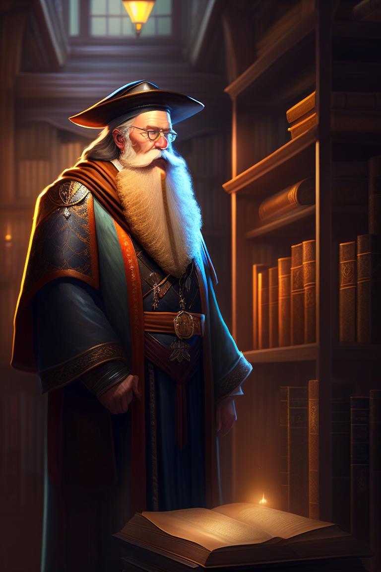 Lexica - Wise wizard, long beard and mysterious tome, standing in dimly ...