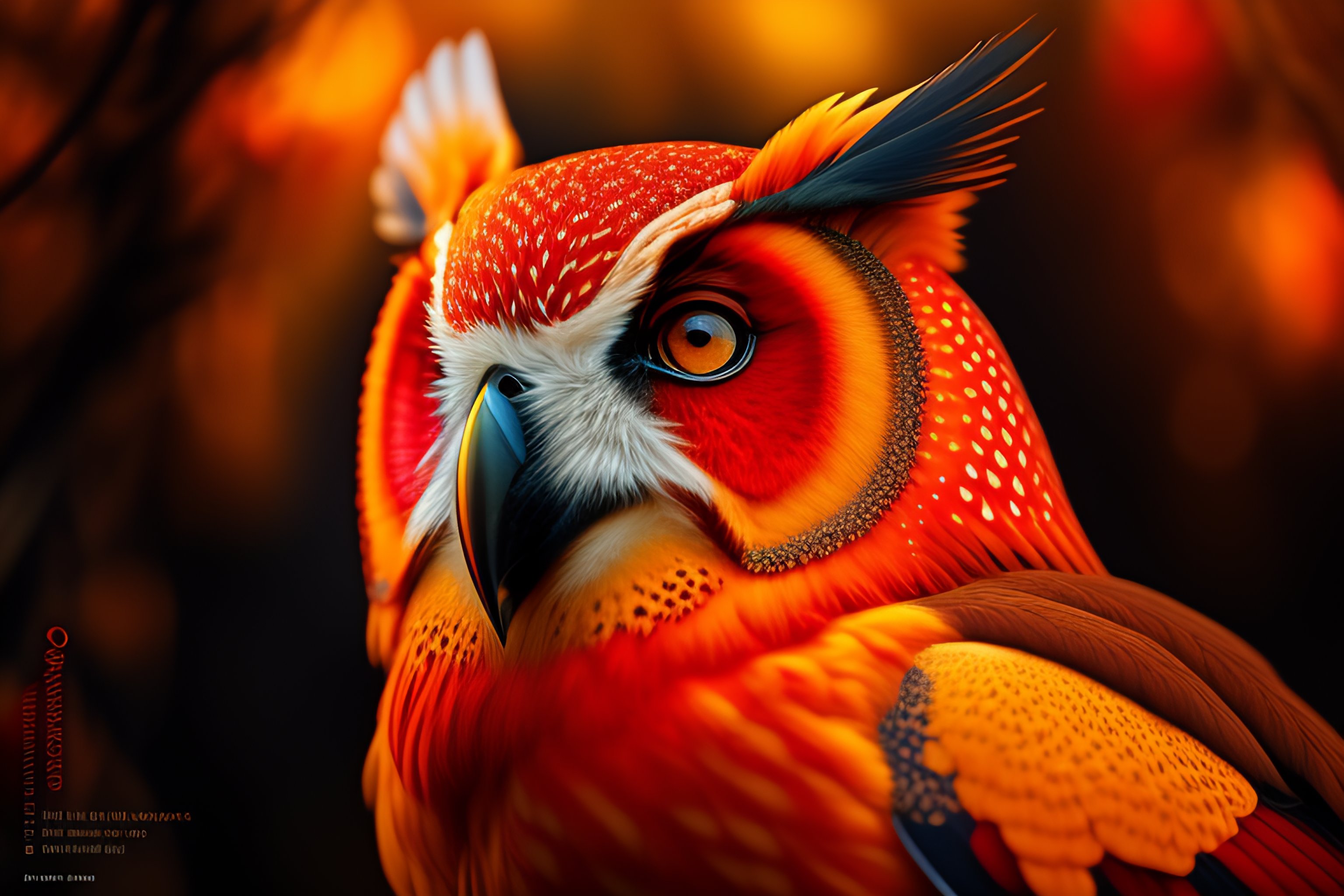 Lexica - Radiant red owl, glowing amber, autumn colours, highly ...