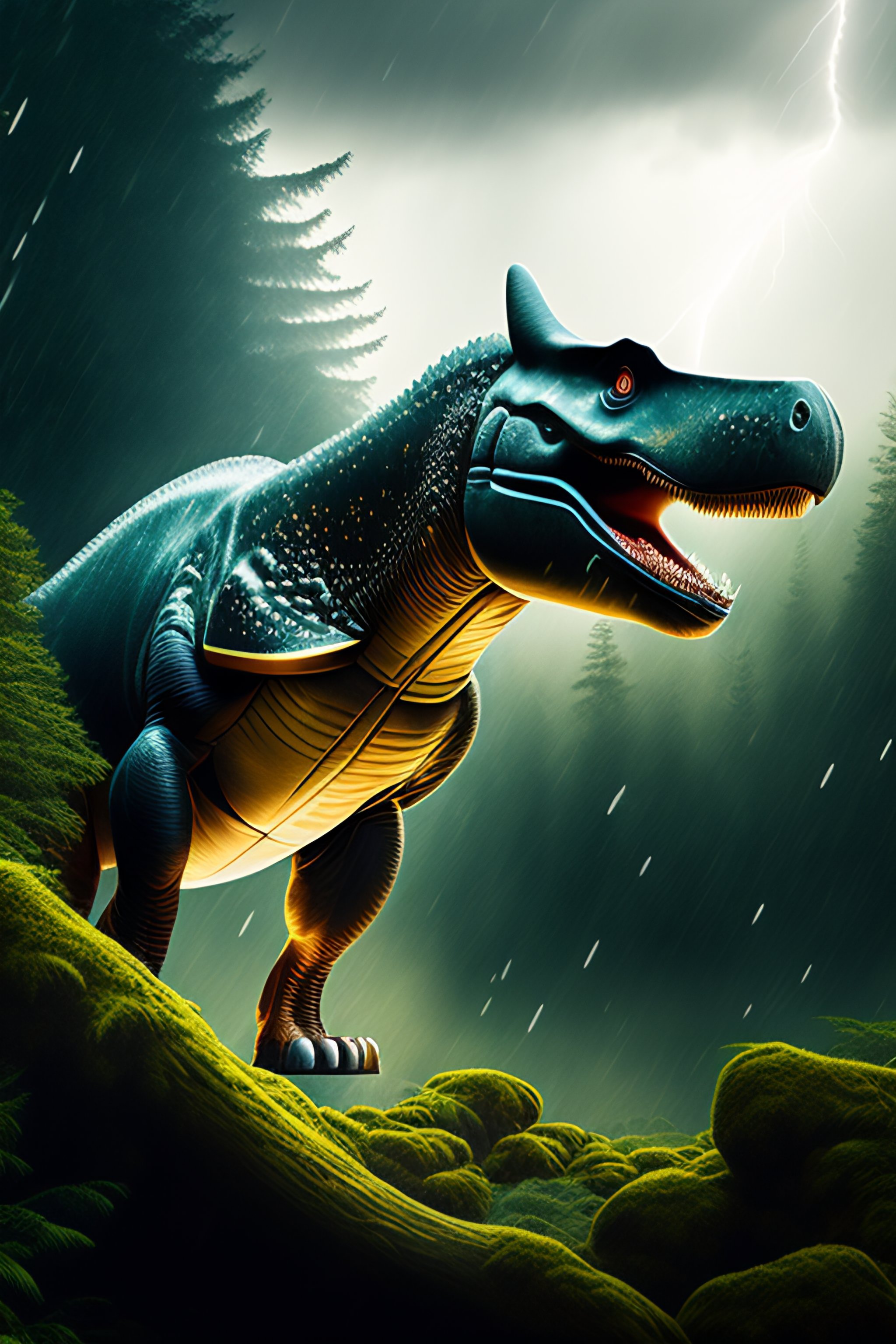 Lexica - T Rex in a primordial forest, stormy background, with lightning