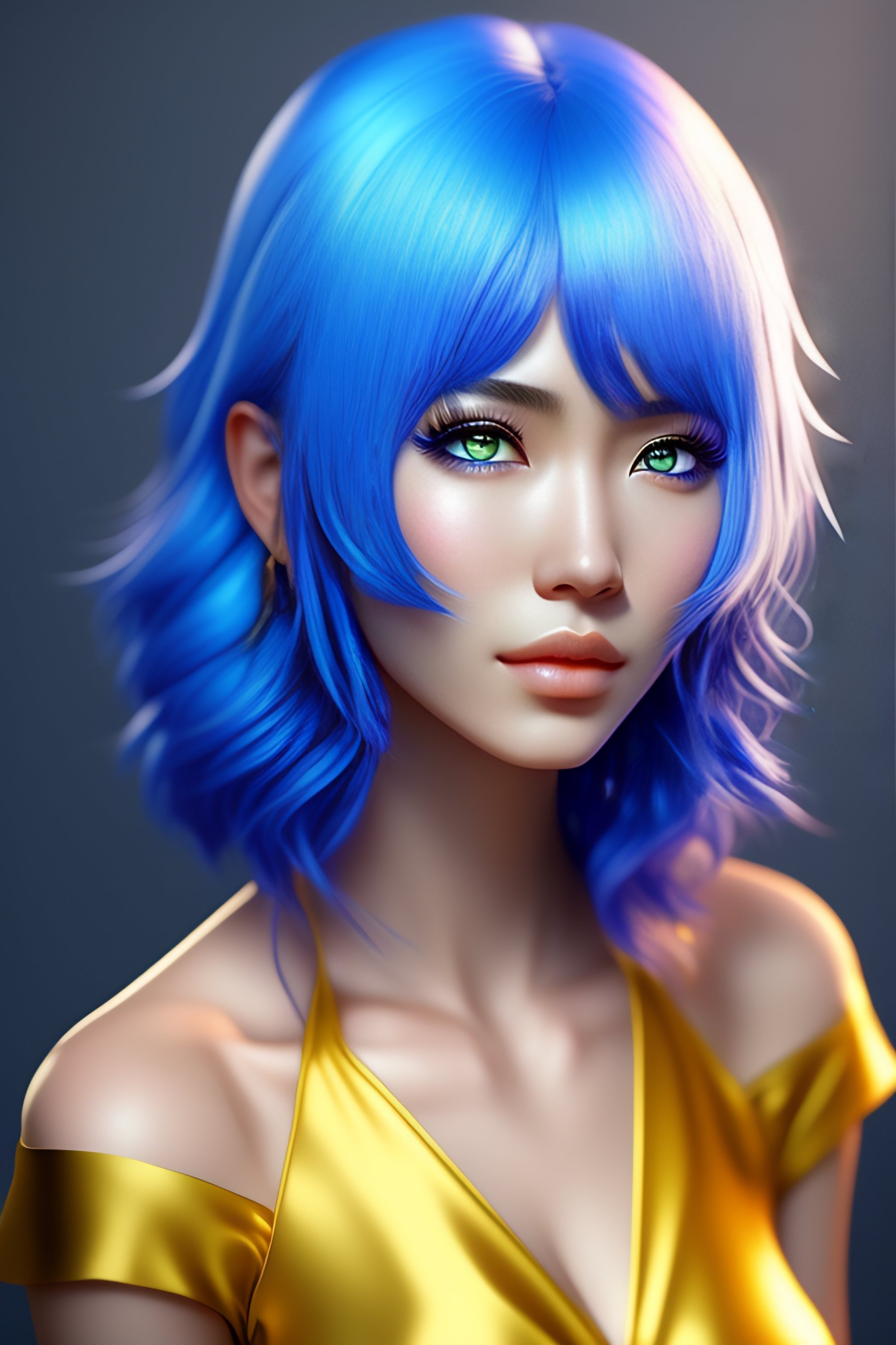 Lexica - Portrait of an anime character hyper realistic blue hair gold eyes