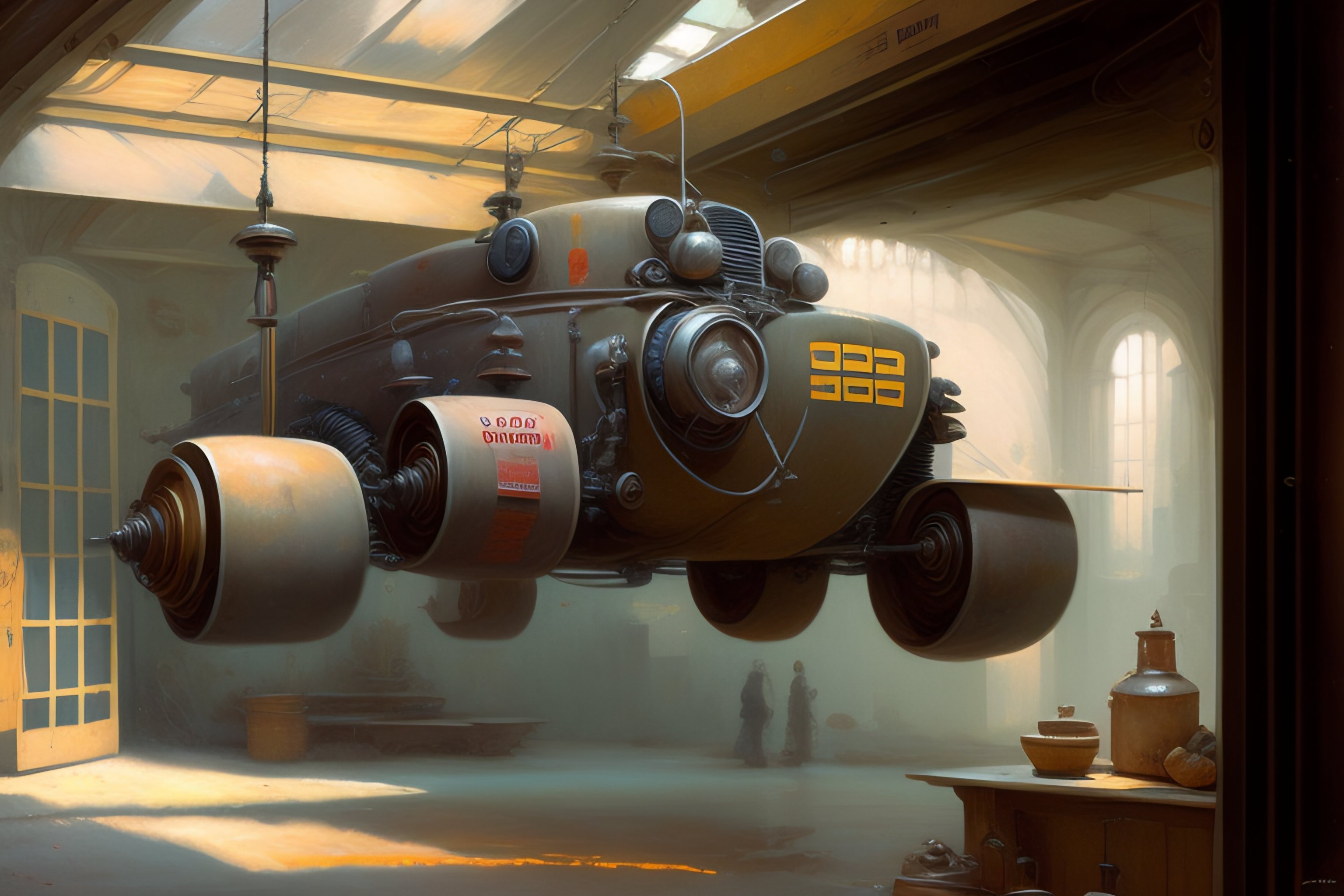 Lexica - Web banner, (((((1950s builder robot, hanging from ceiling ...