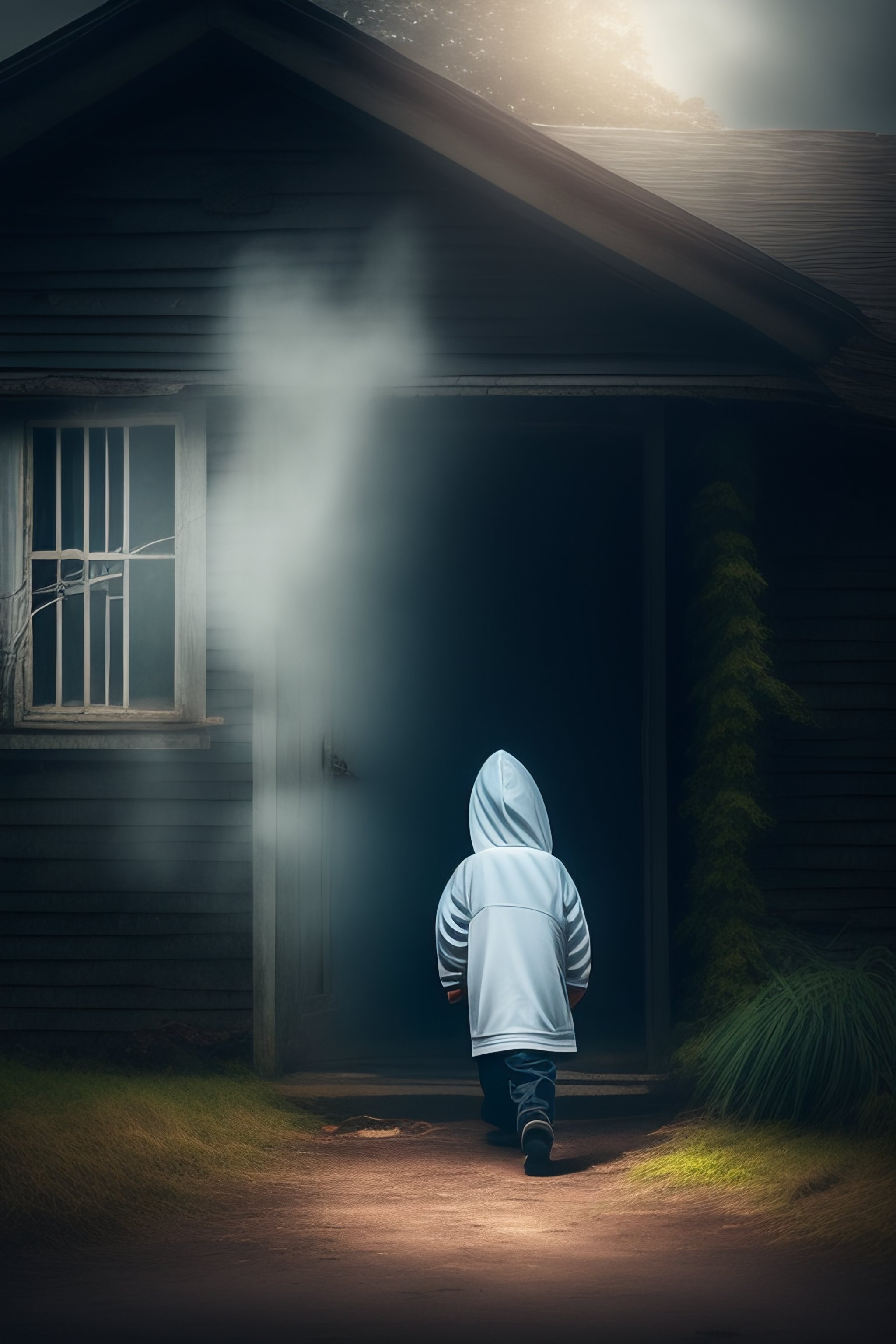 Lexica - Creepy ghost with a boy in the haunted house