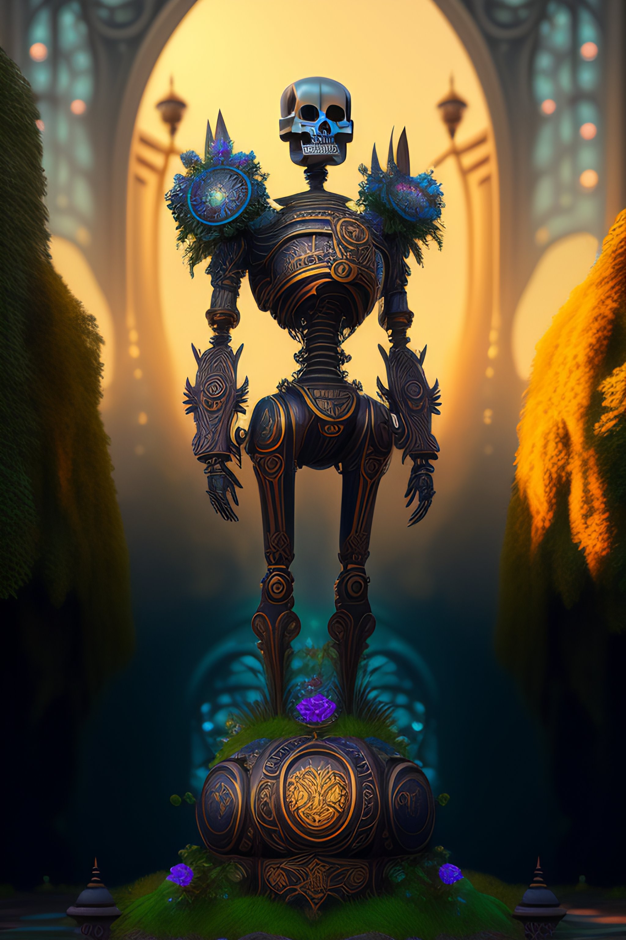 Lexica - A carved overgrown statue of a skelleton, robot, extremly ...