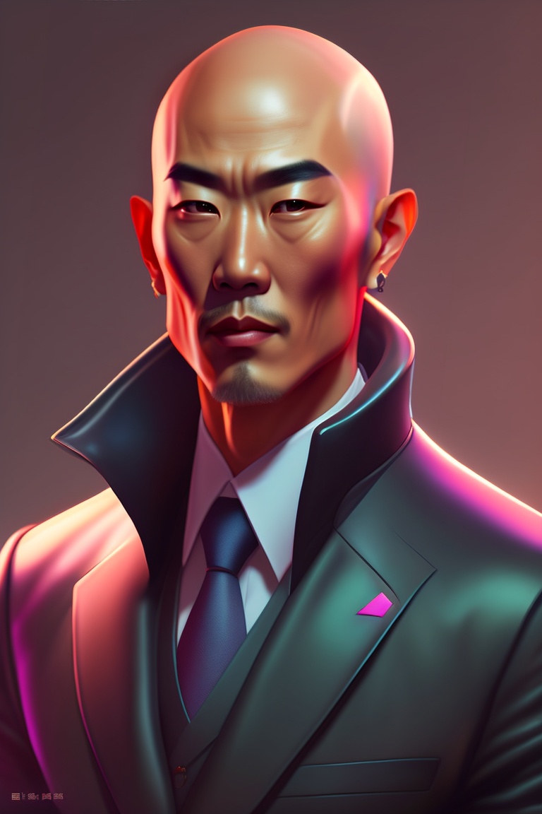 Lexica - Portrait of japanese man, age 50, gaunt face, suit, bald, full ...