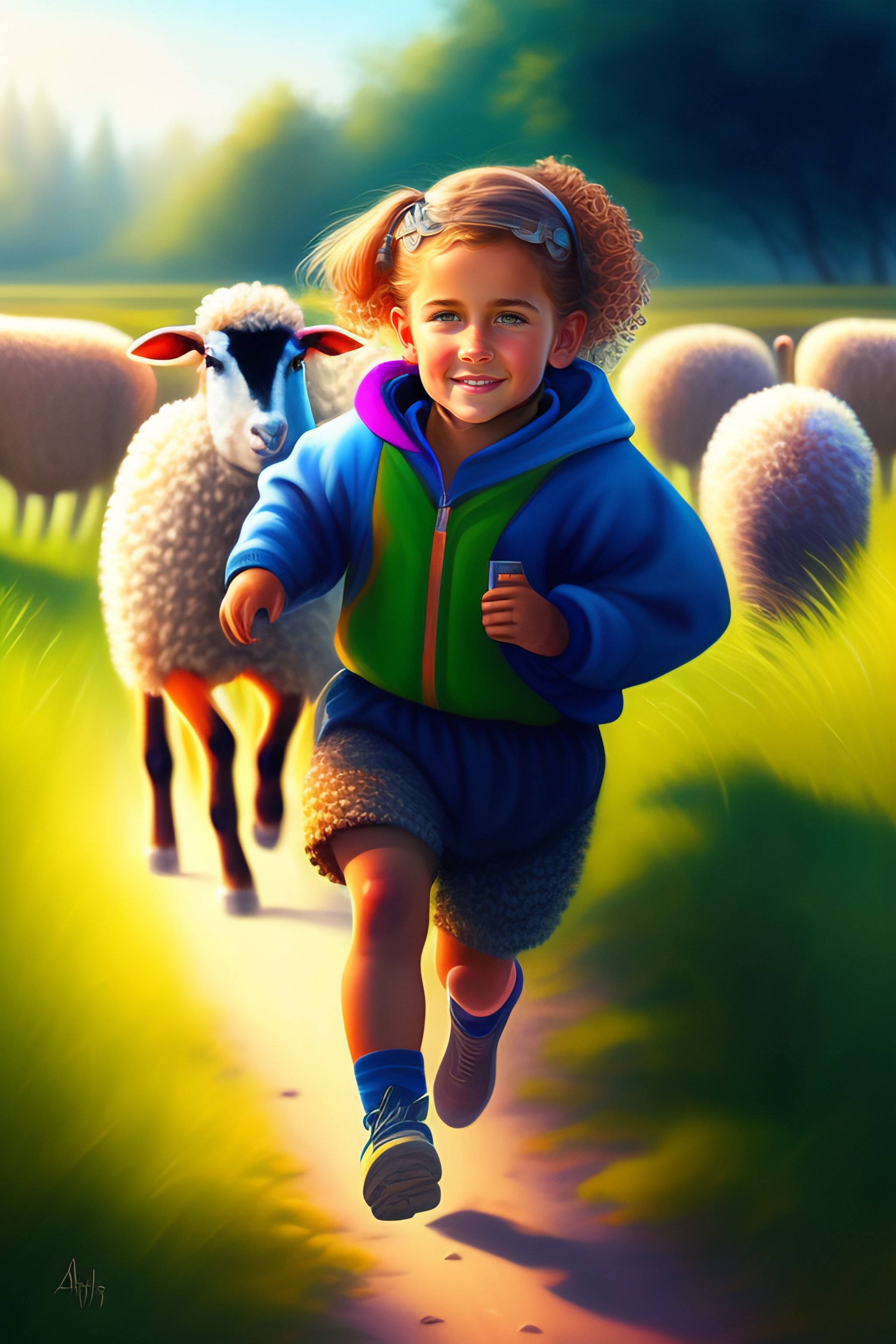 Lexica - Young Shepard running with group of sheep, grazing fields ...