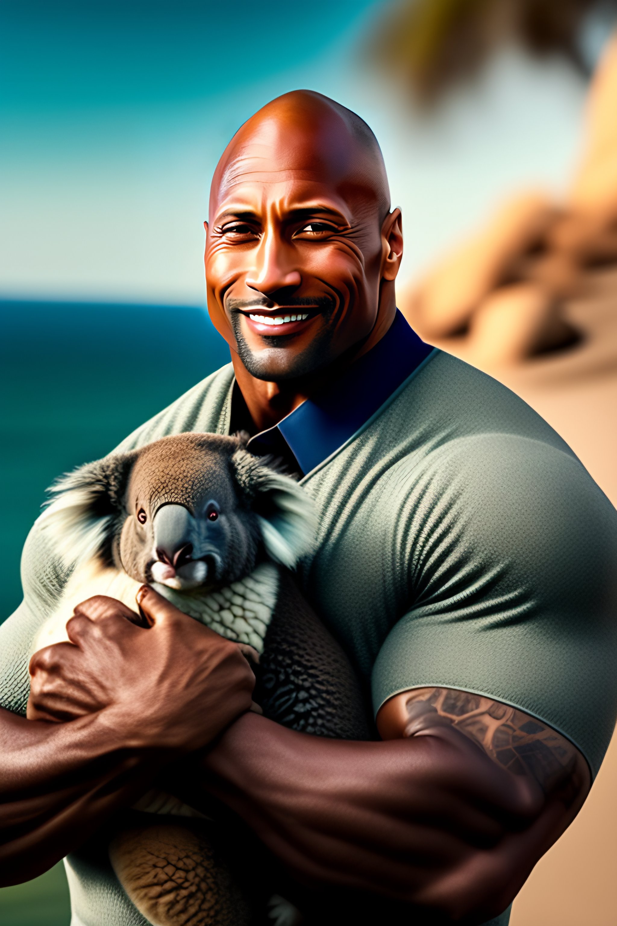 Lexica - Dwayne johnson holding a koala in one hand and a laptop in another