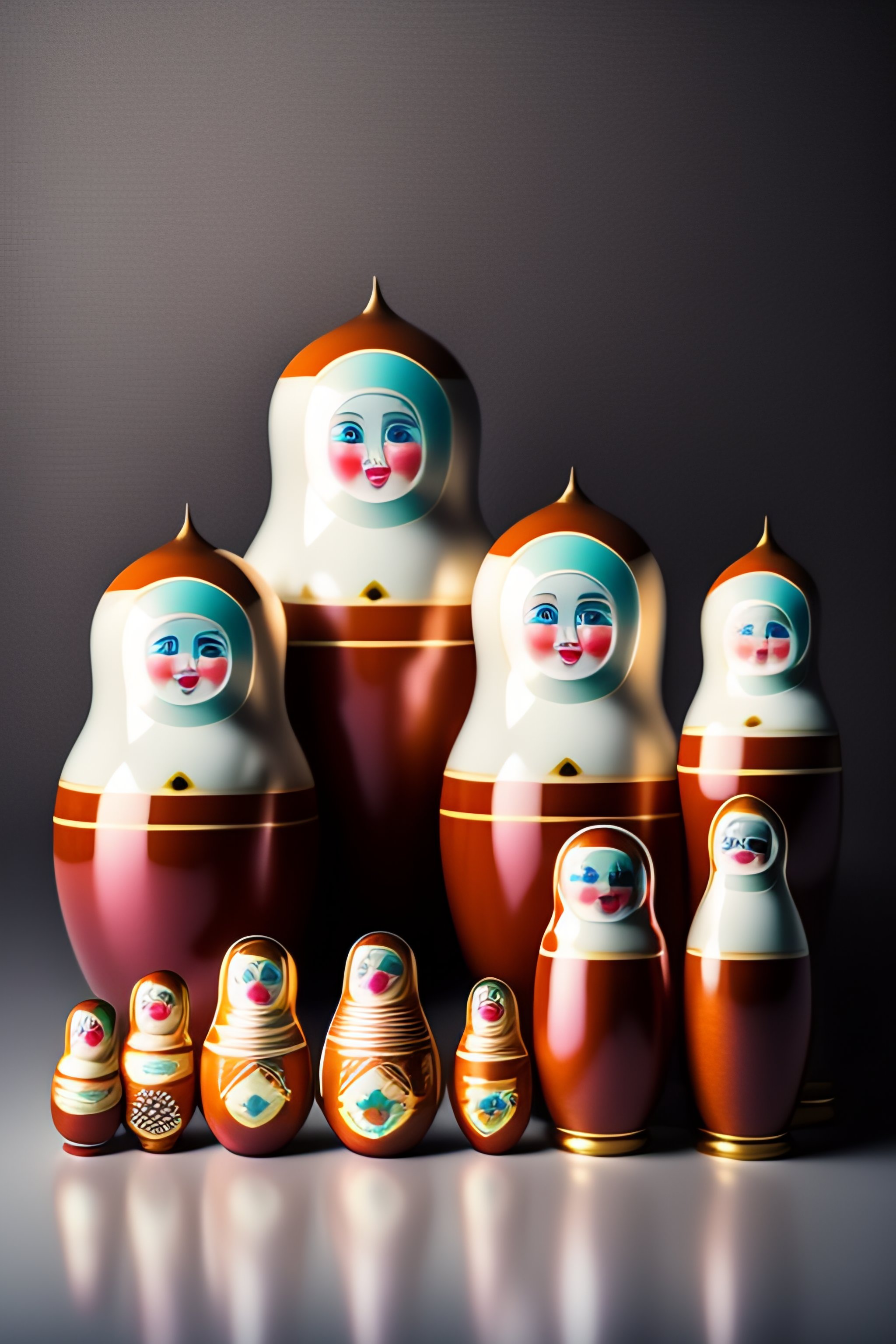 Lexica - Studio photograph, white background, Matryoshka dolls lined up ...