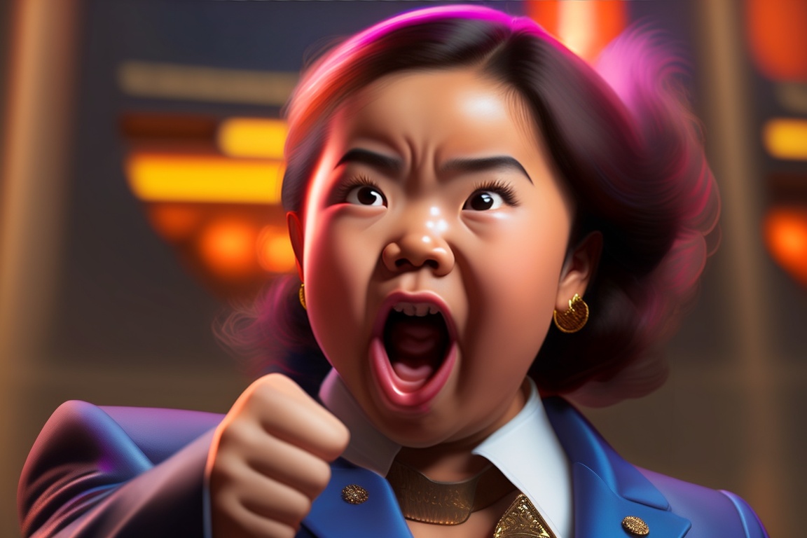 Lexica - A close-up shot of an enraged Karen with her mouth wide open and pointing finger, ready ...