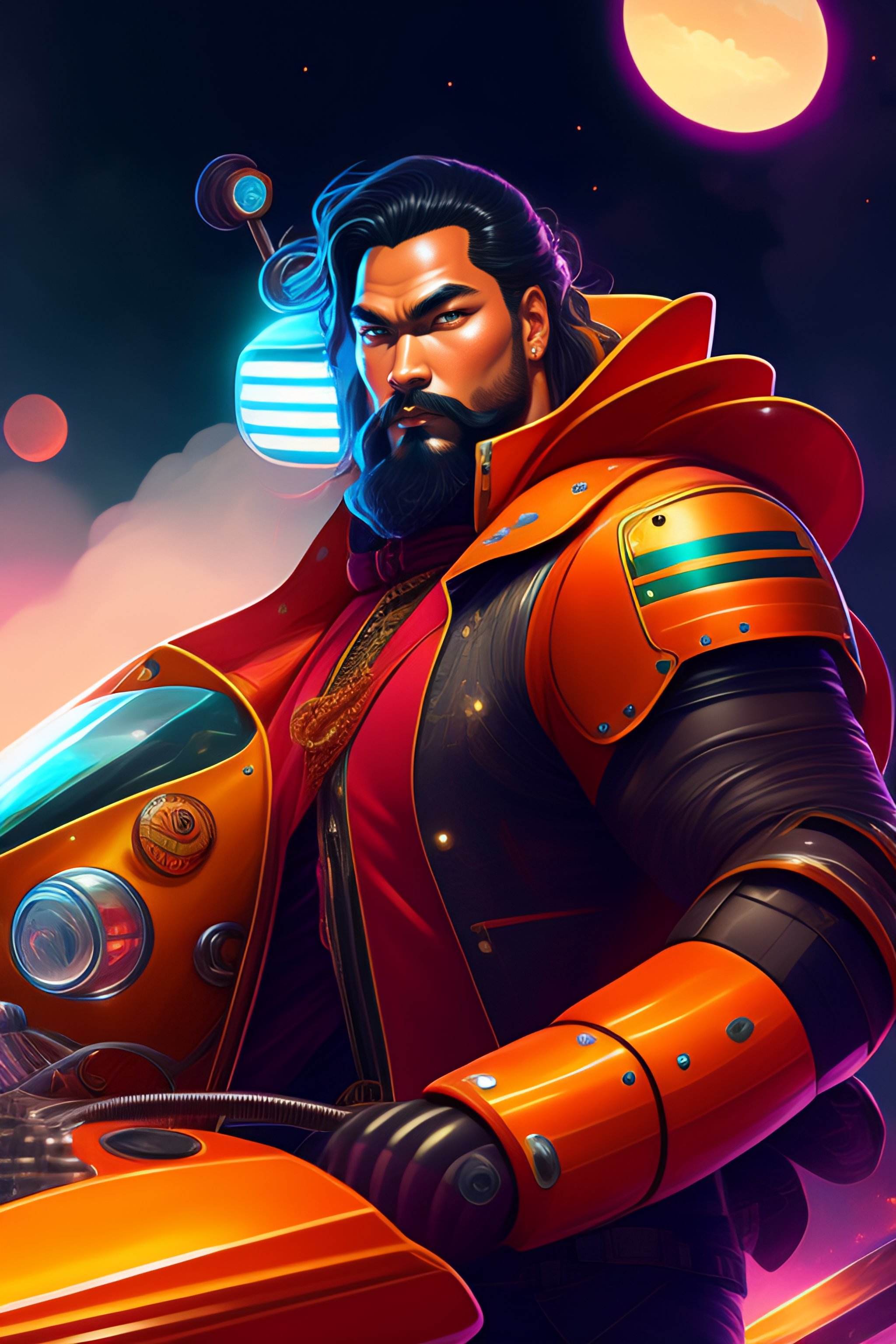 Lexica - Jason Momoa driving a a steampunk-cyberpunk Jetpack, style of ...