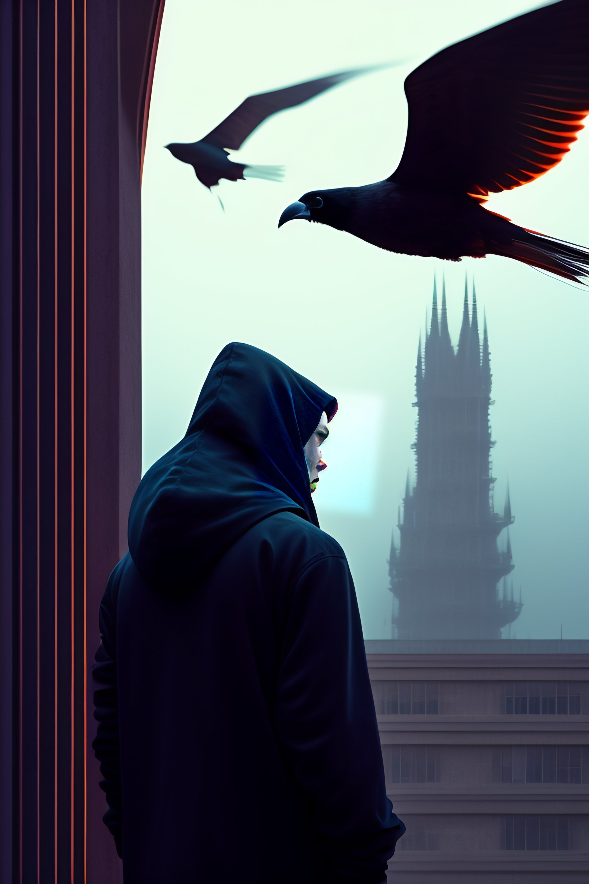 Lexica - Vertical film frame, junkie guy, wearing a hoodie on his head ...