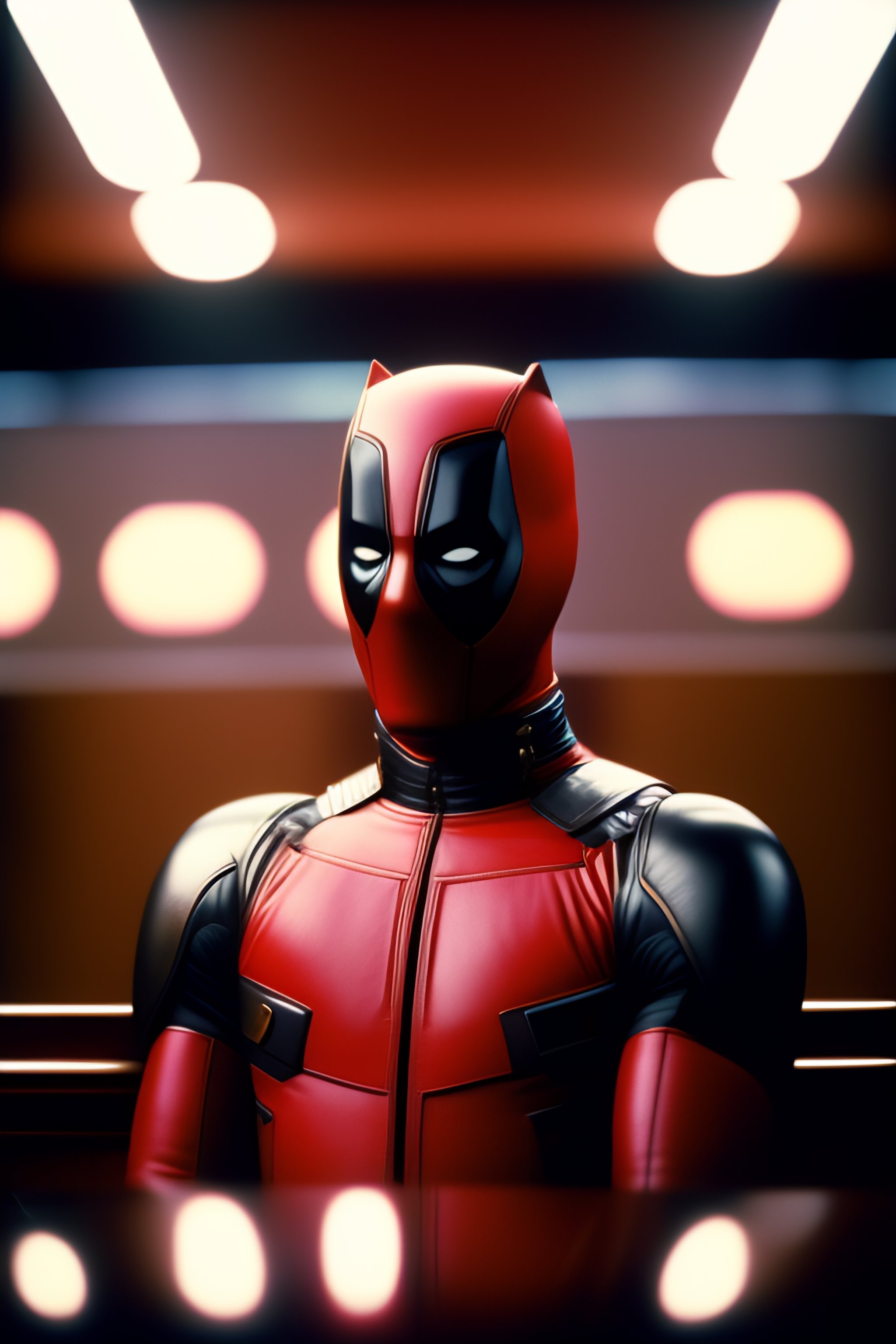 Lexica - Deadpool standing in court colour film 35mm 1976, pulp sci fi ...