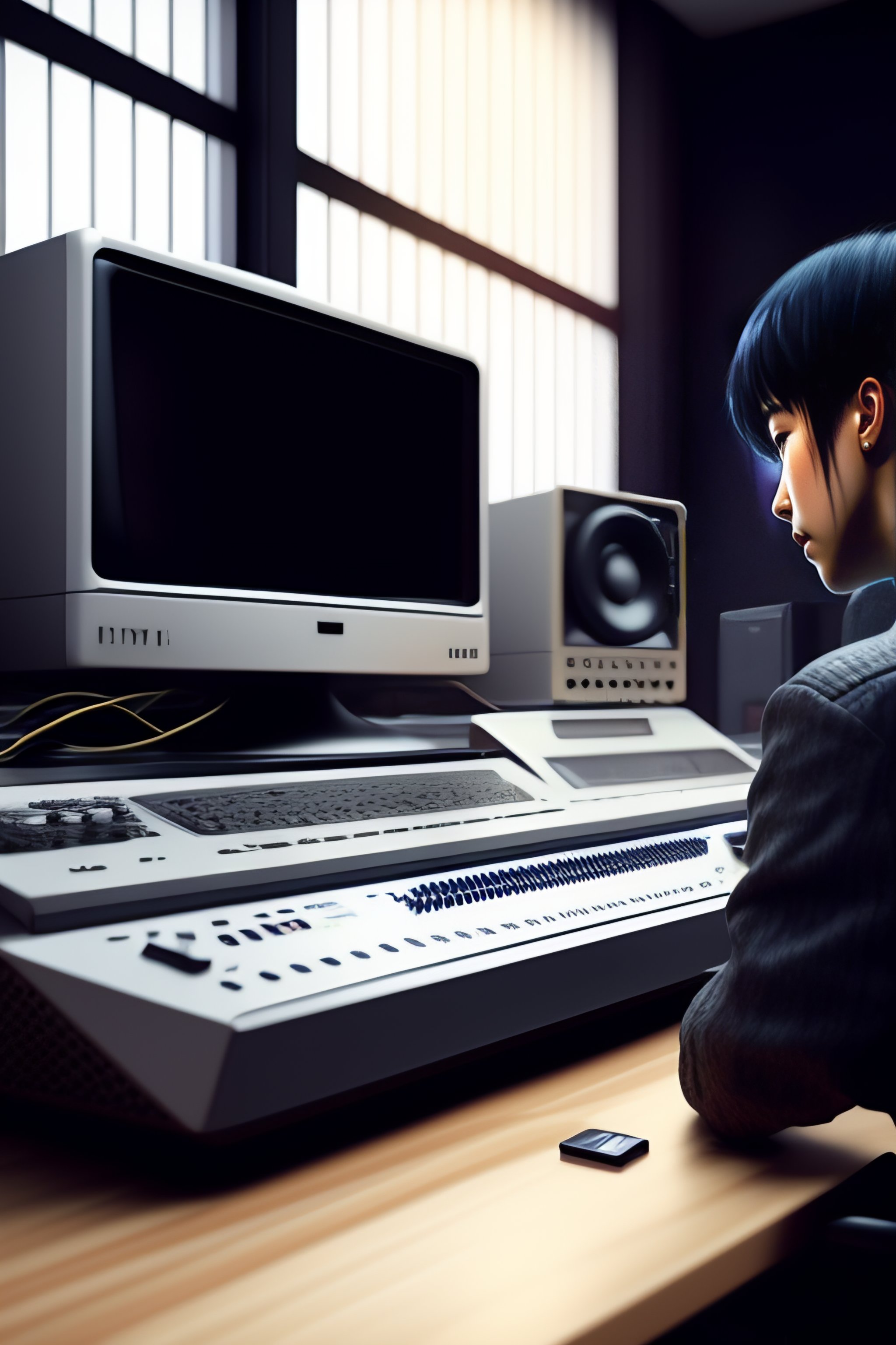 Lexica - A person sitting at a desk in front of a computer, an album ...