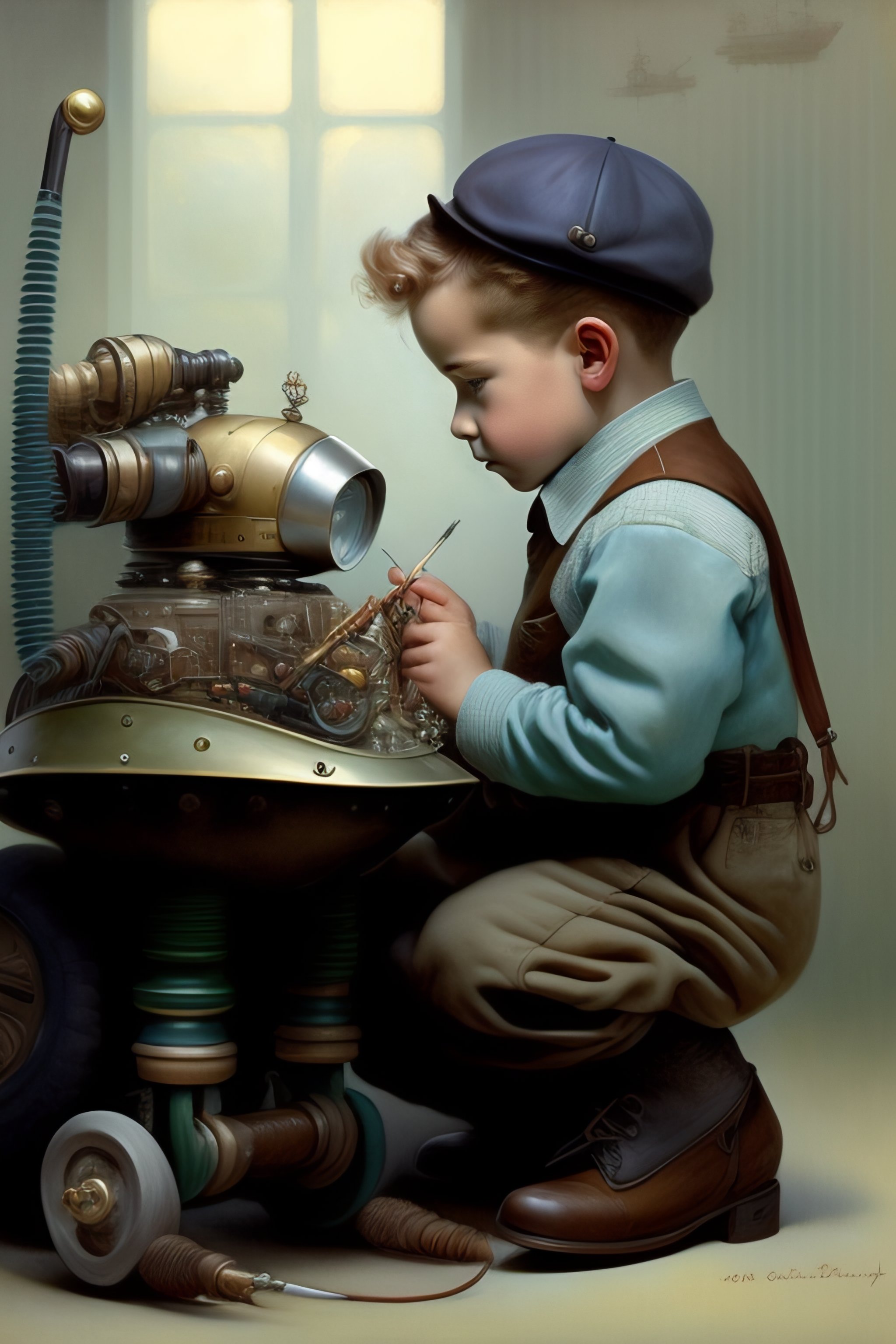 Lexica - ( ( ( ( ( 1 9 5 0 s a boy working on his robot. muted colors ...