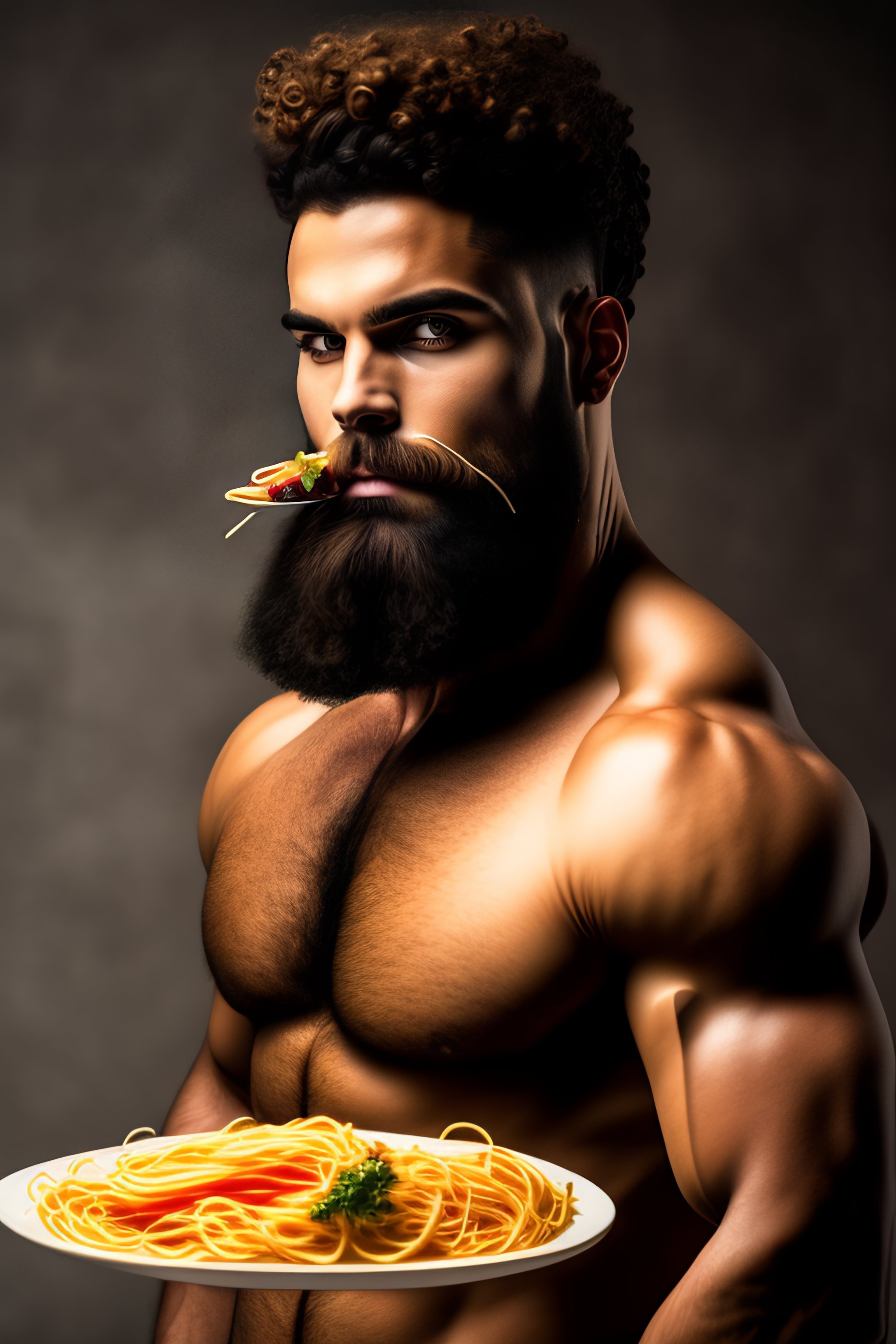 Lexica - Bearded man bearded curly square hair man eat spaghetti carbonnara