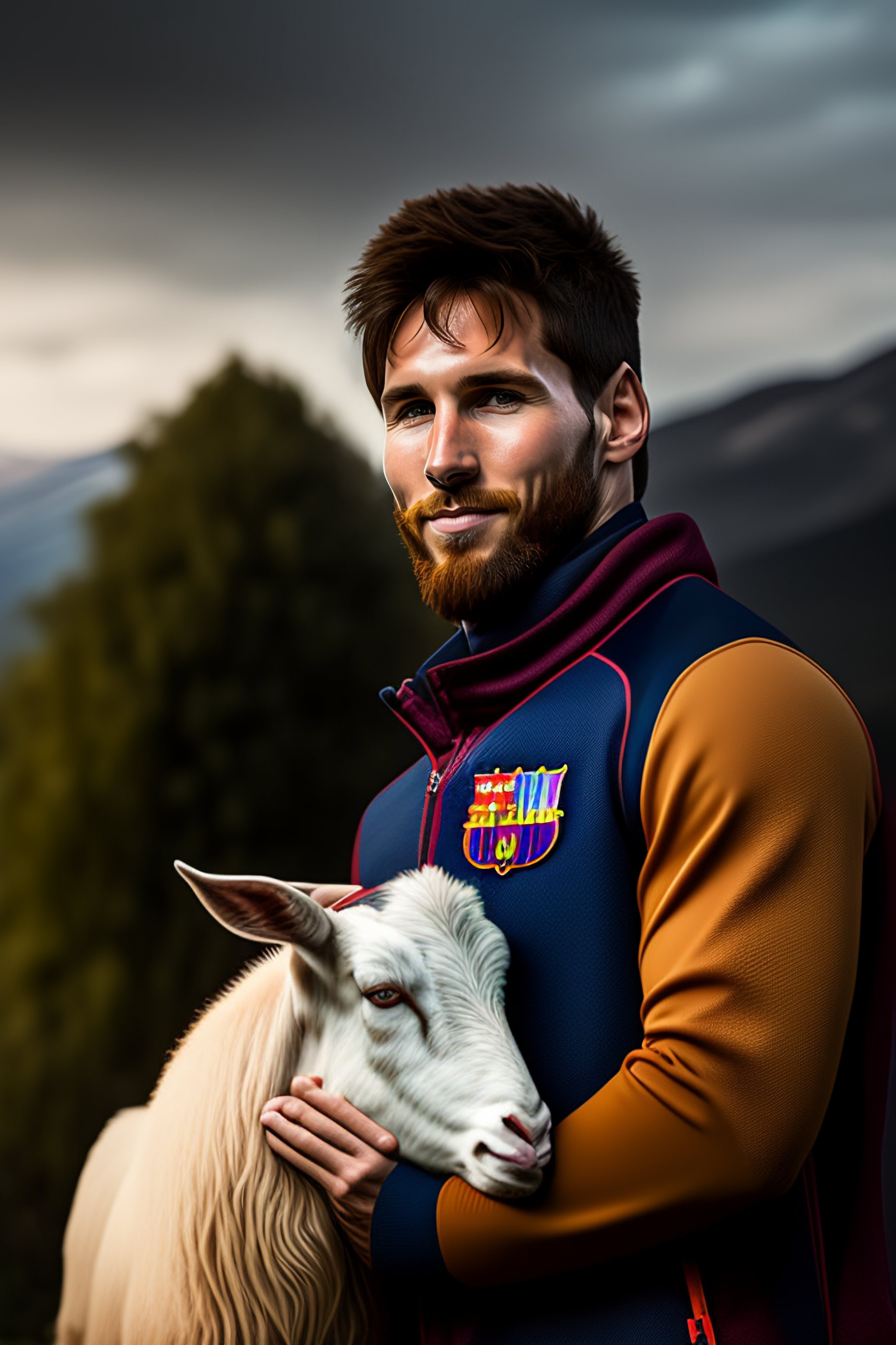 Lexica - Portrait of messi holding a goat