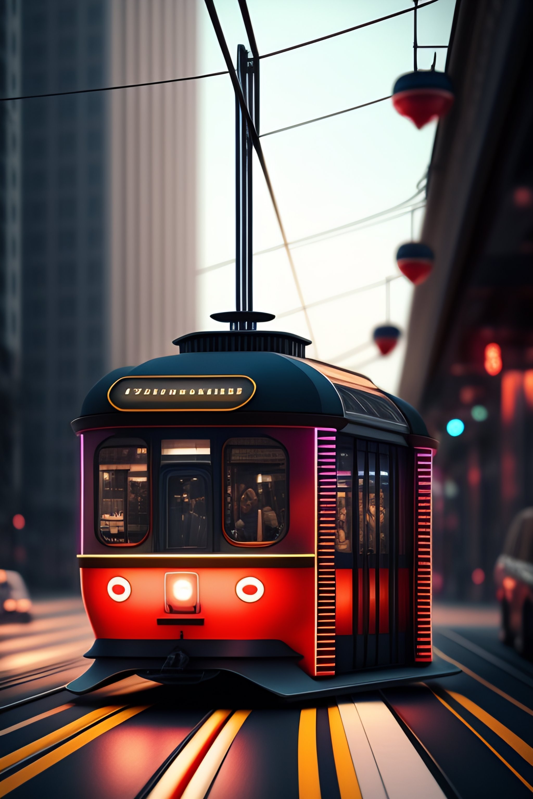 Lexica - Modern cable car hanging above a bus in a city, 4K, octane render
