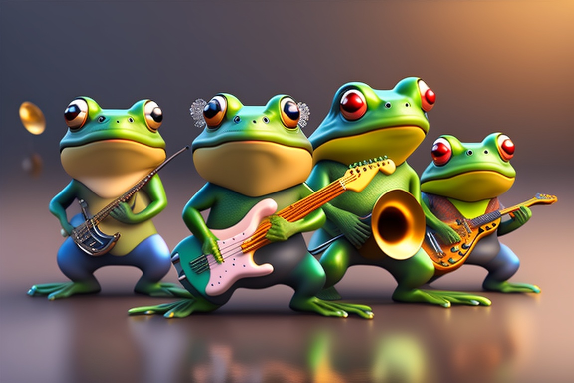 Lexica - A music band of frogs. The band has eight members. One plays ...