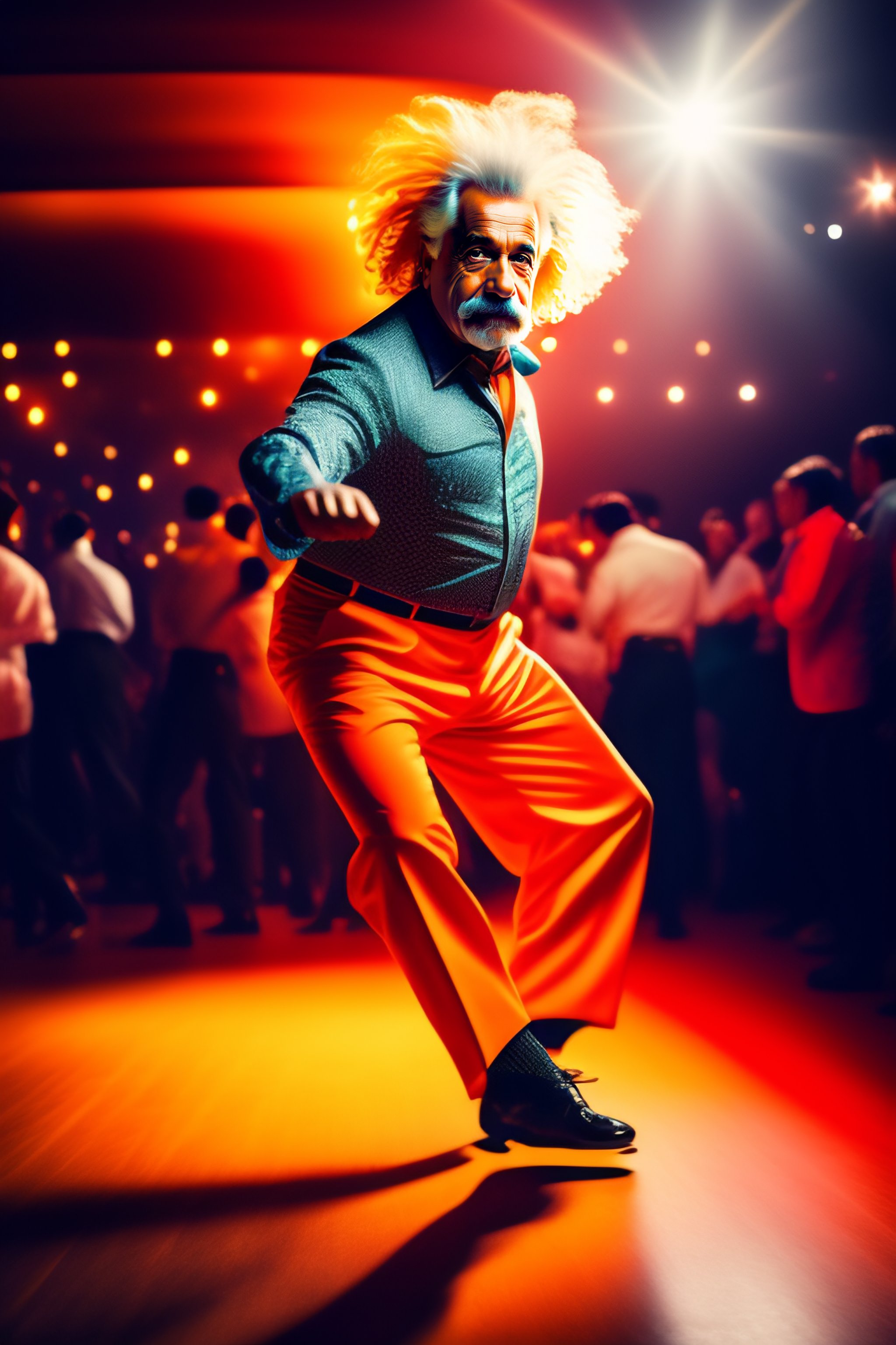 Lexica - A portrait of einstein dancing in a club wearing orange pants ...