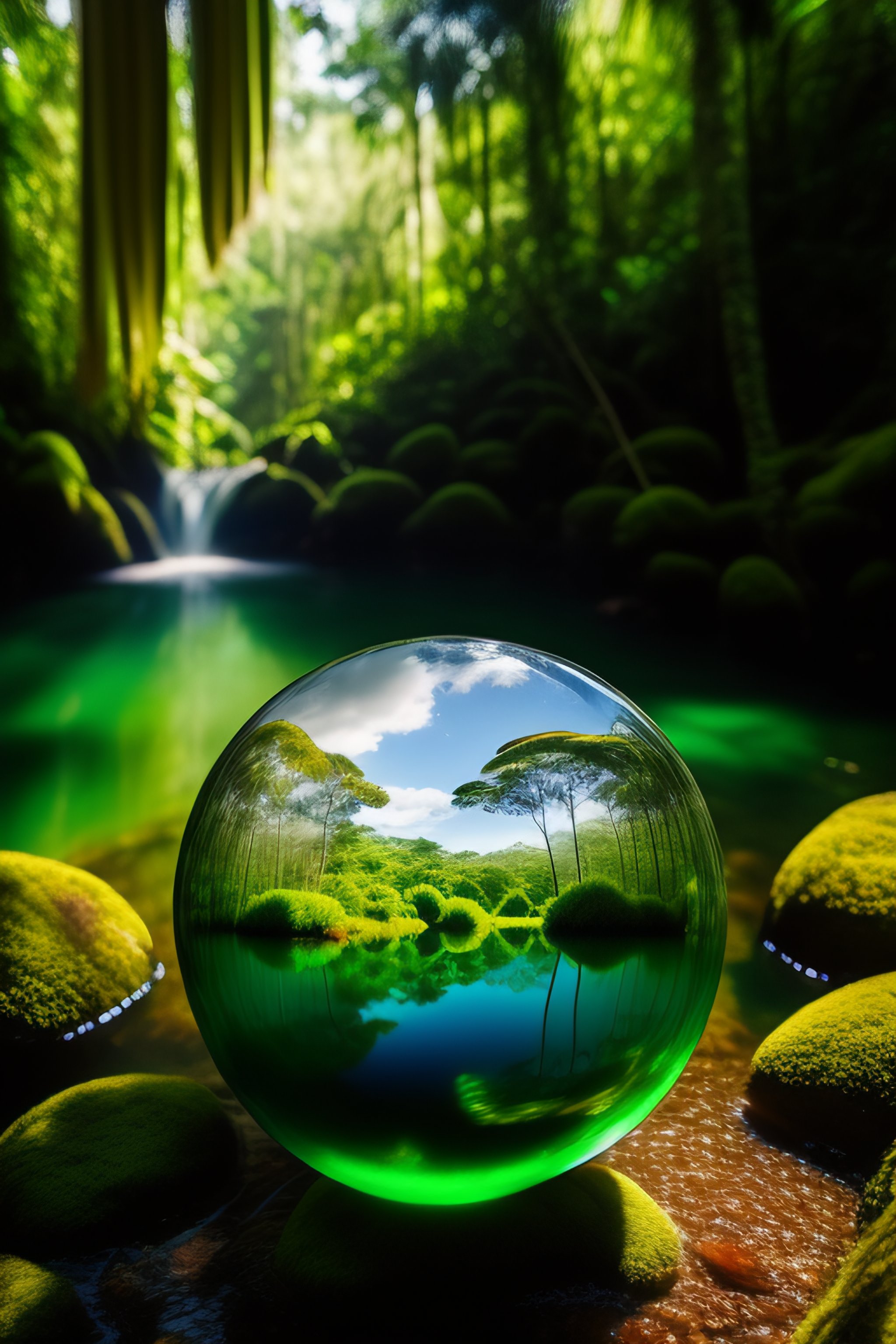 Lexica - Photo of a glass sphere in the amazon rainforest