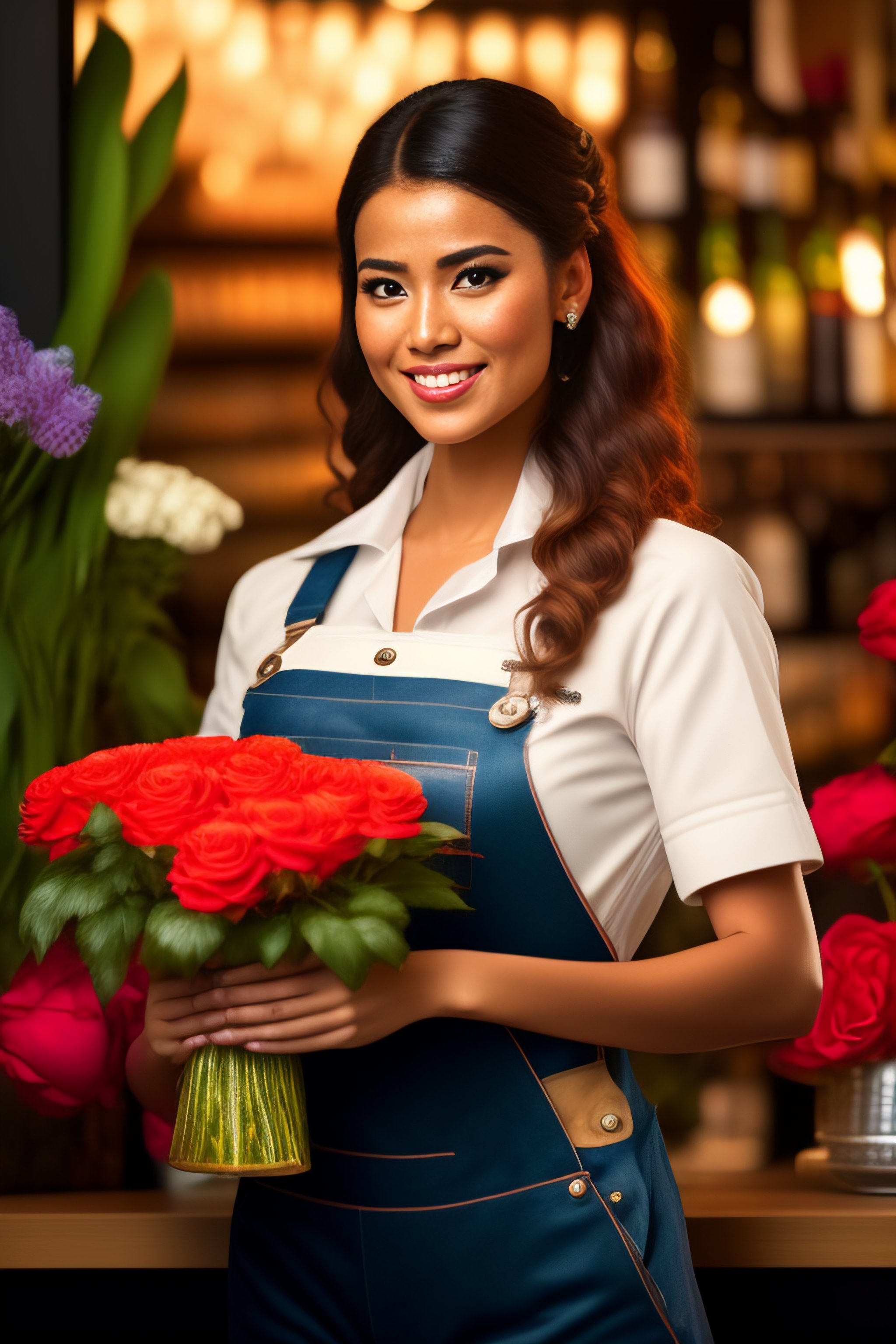 Lexica - Portrait of a young woman waitress wearing overalls inside a ...