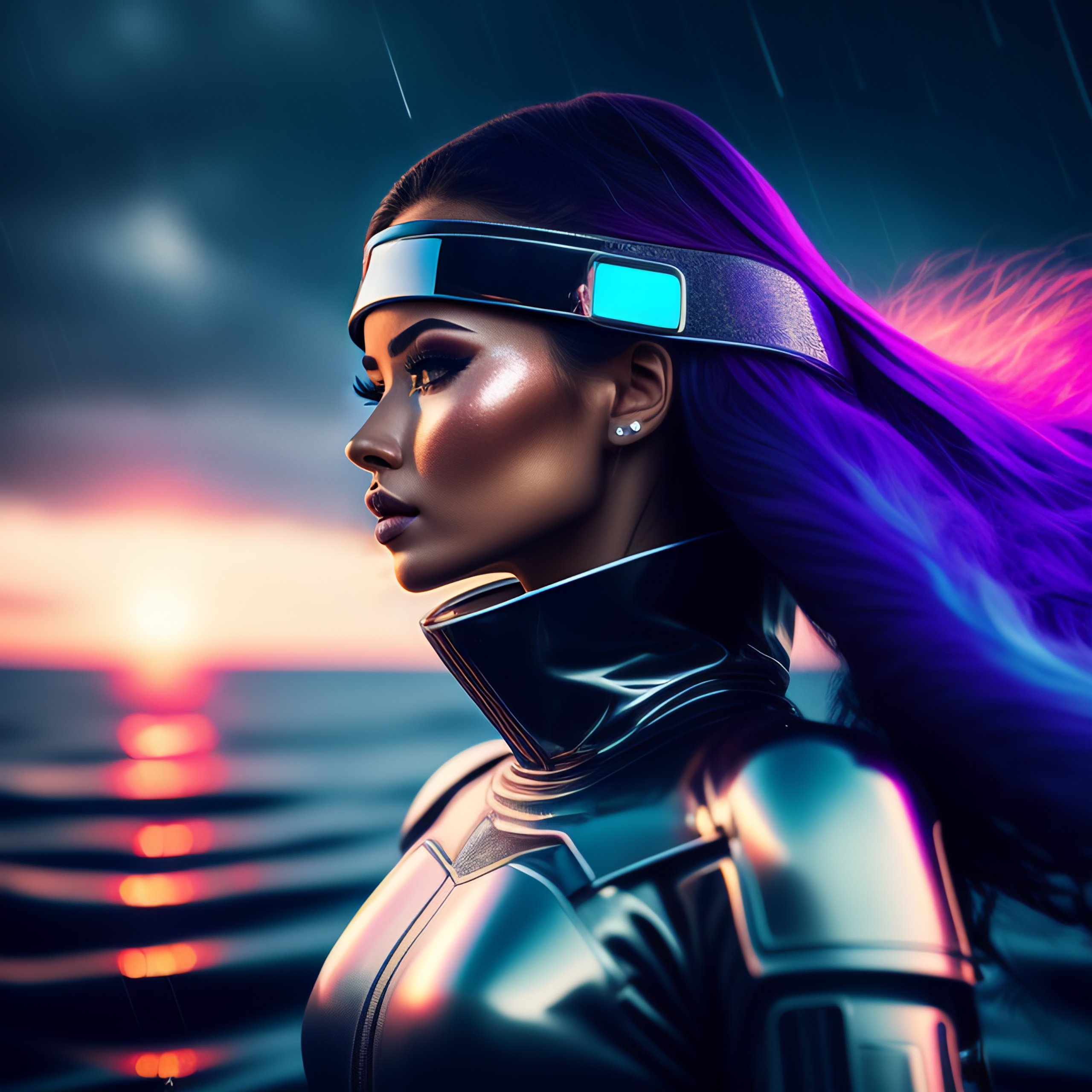 Lexica - Cyber girl wearing chrome, shining reflections, walking on the ...