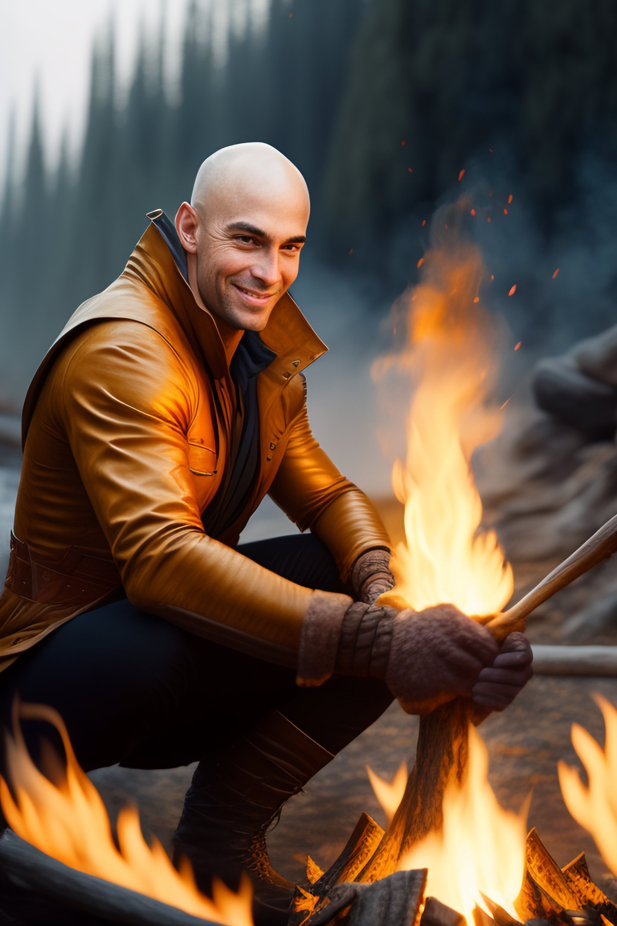 Lexica - Bald clean-shaven beowulf sitting by a campfire and laughing ...