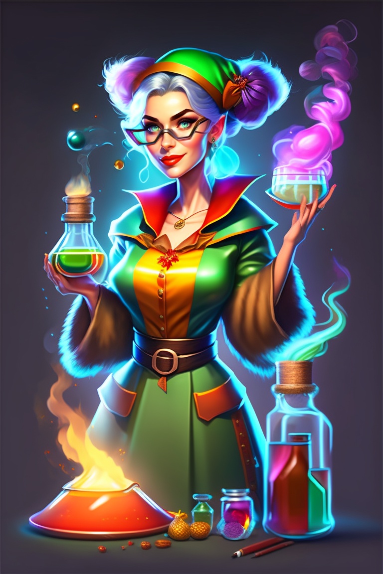 Lexica - Crazy elf female mad scientist alchemist with flasks of ...