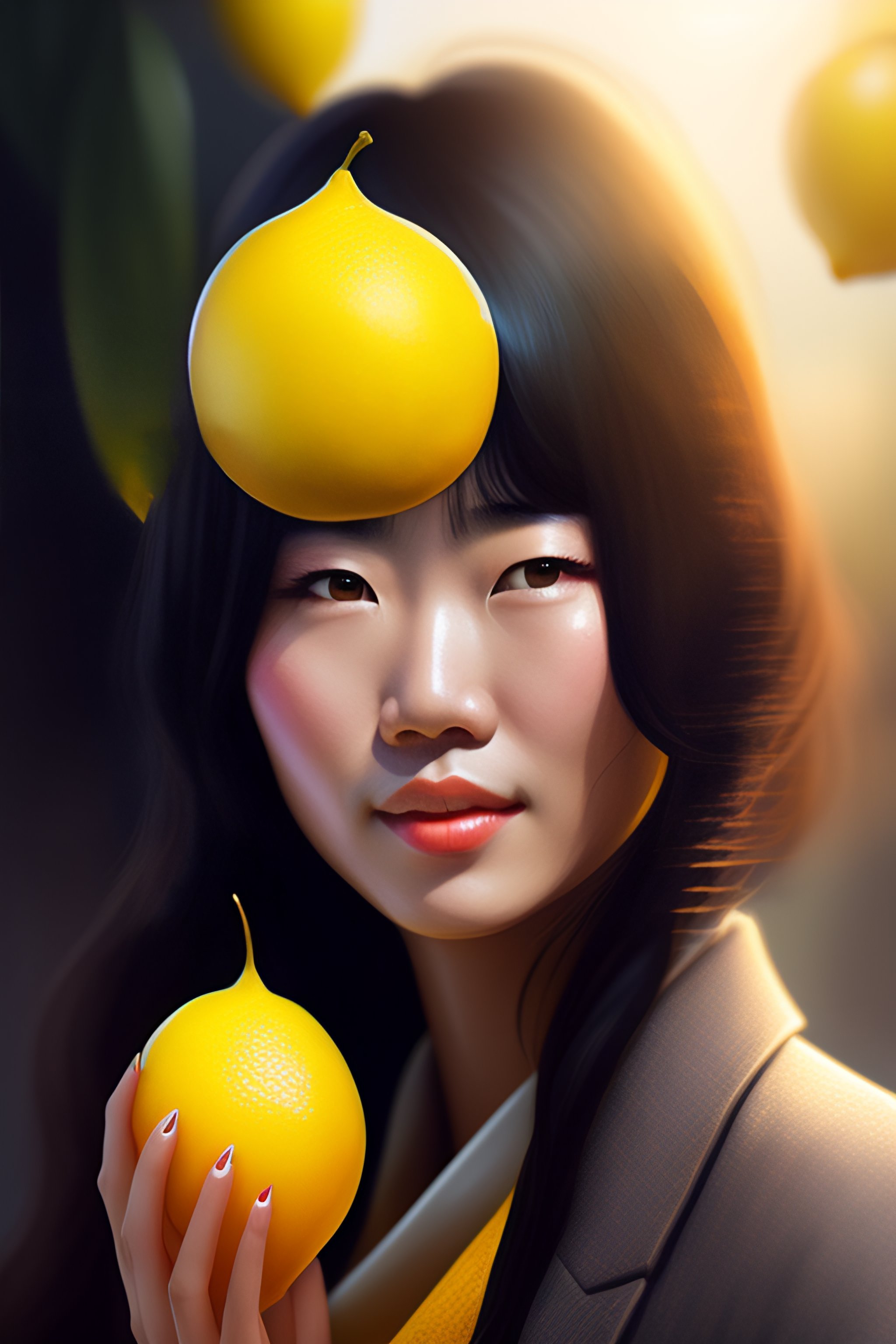 Lexica - Japanese woman holding a small lemon, lemons everywhere, highly detailed, digital ...