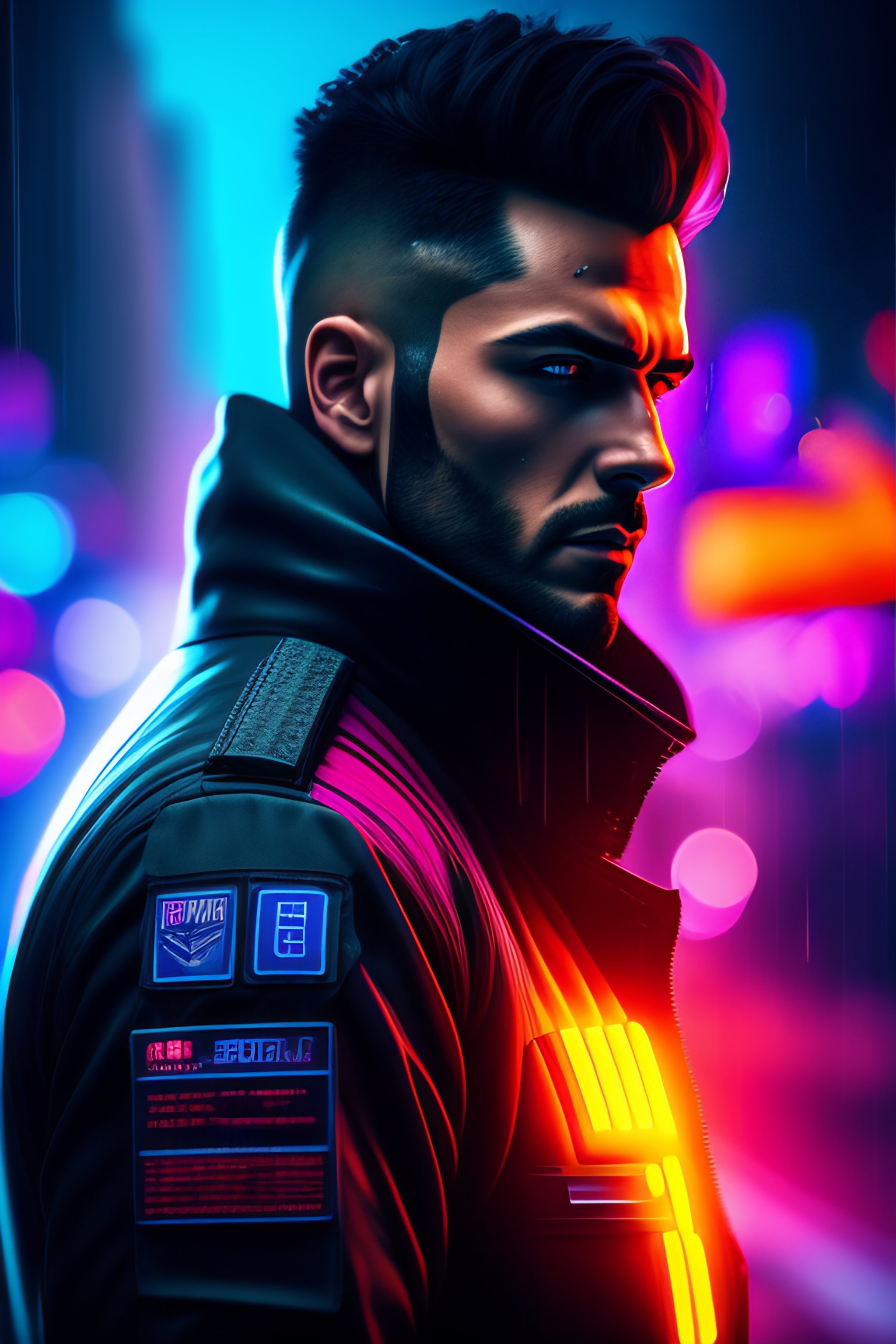 Lexica - Futeristic cyberpunk male cop holding gun, heavy rain neon ...