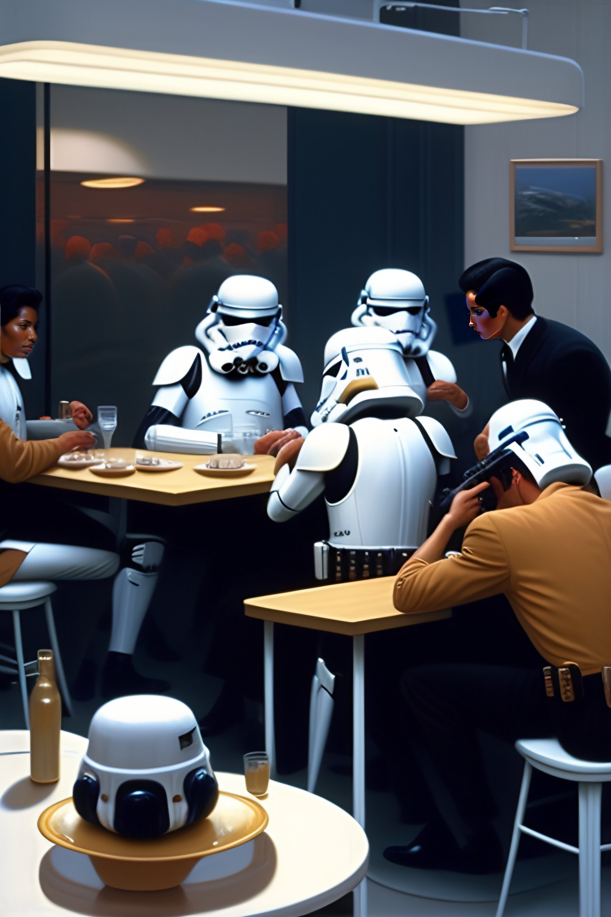 Lexica - "crowded stormtrooper break room" by syd mead, cold color palette, muted colors ...