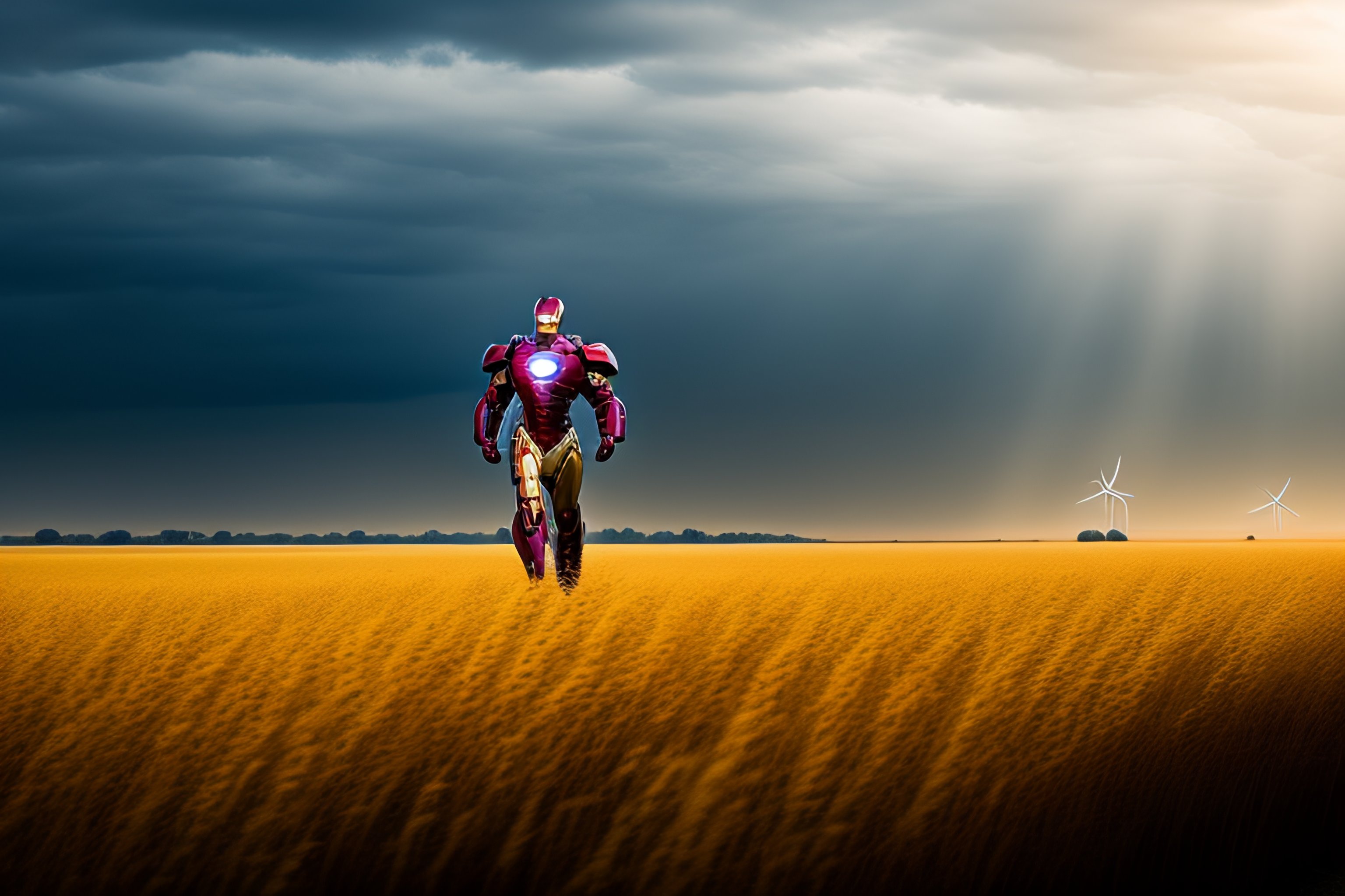 Lexica - Iron man flying through a field of windmills