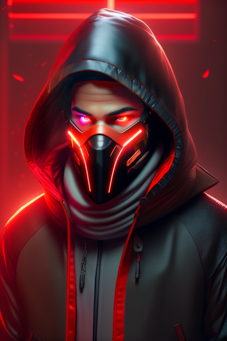 Lexica - Male character in a hood, with red neon and a mask