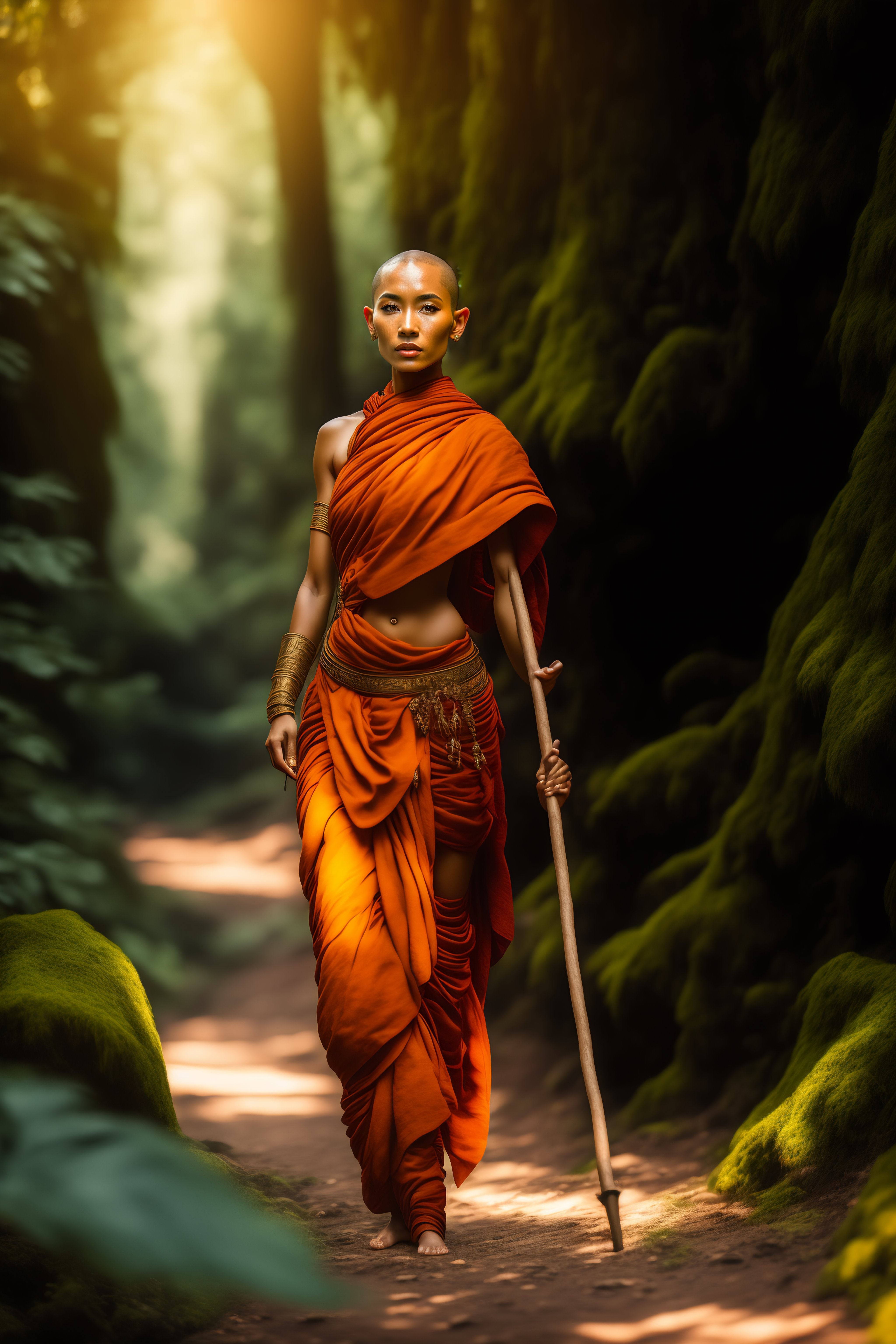 Lexica - Female elf monk with a stick, body shot, jungle landscape ...