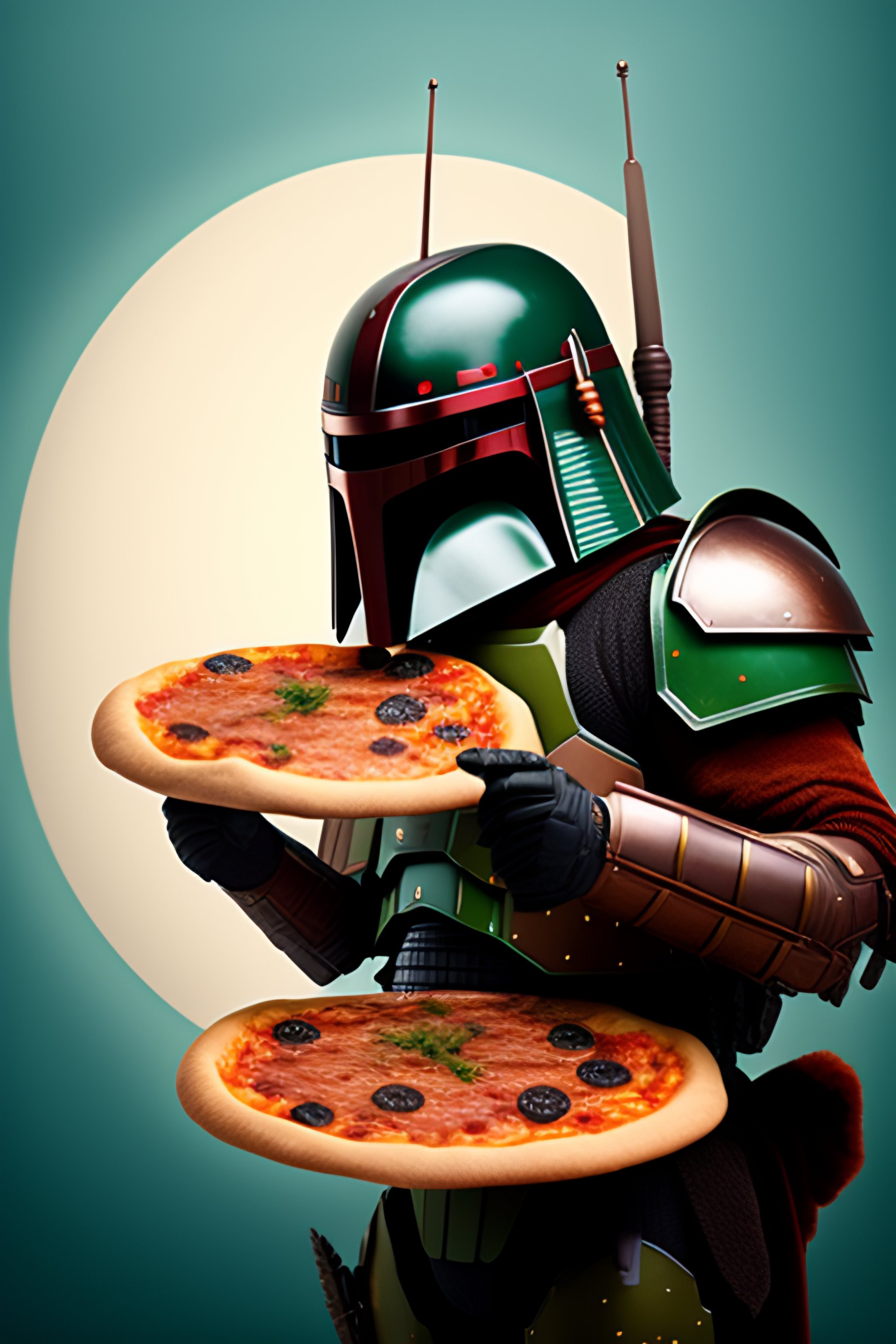 Lexica - Armored boba fett eating pizza
