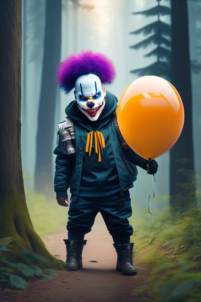 Lexica - Killer clown with robo balloon cyberpunk halloween in forest ...
