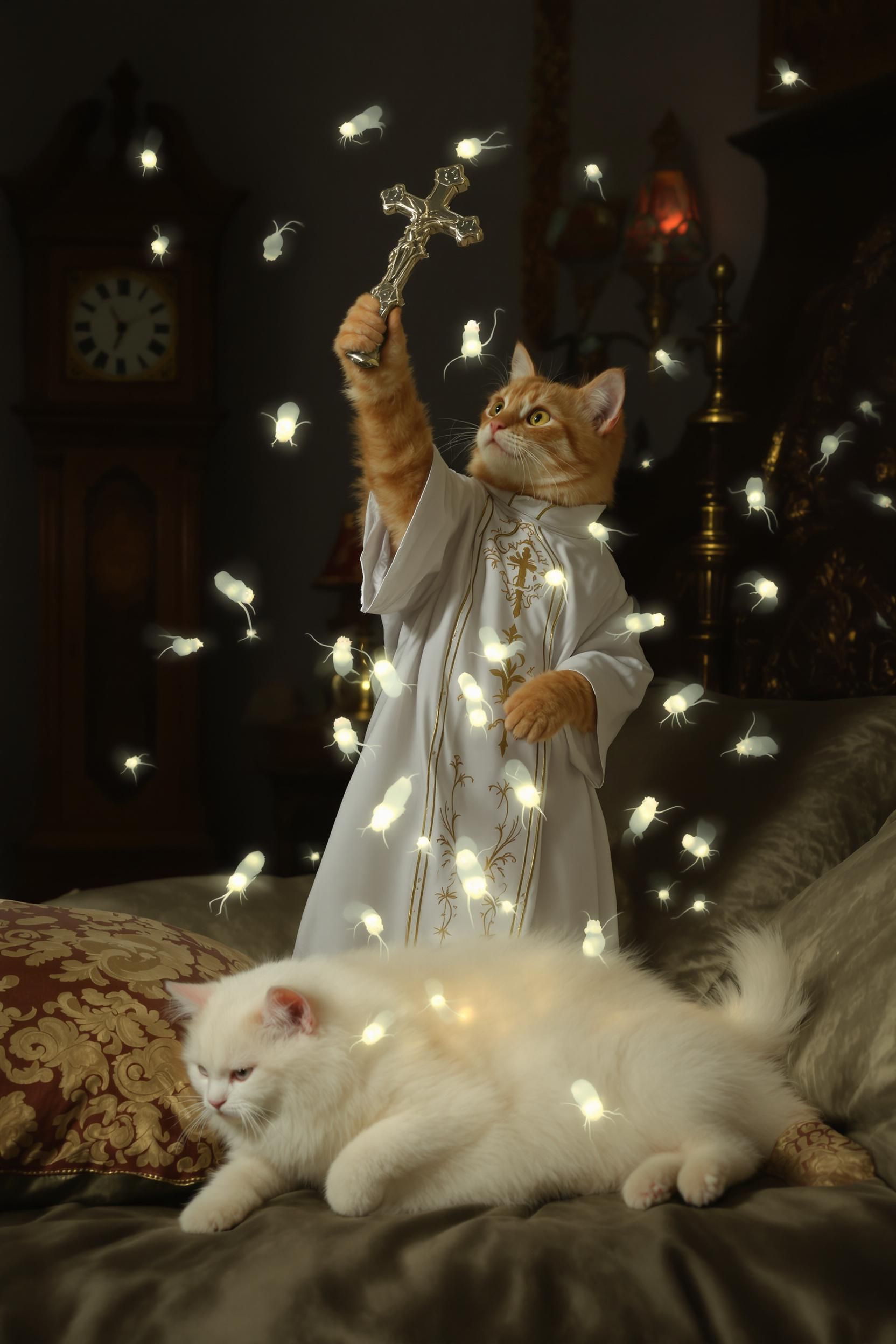 Lexica - An orange cat dressed as a priest standing over a bed holding ...