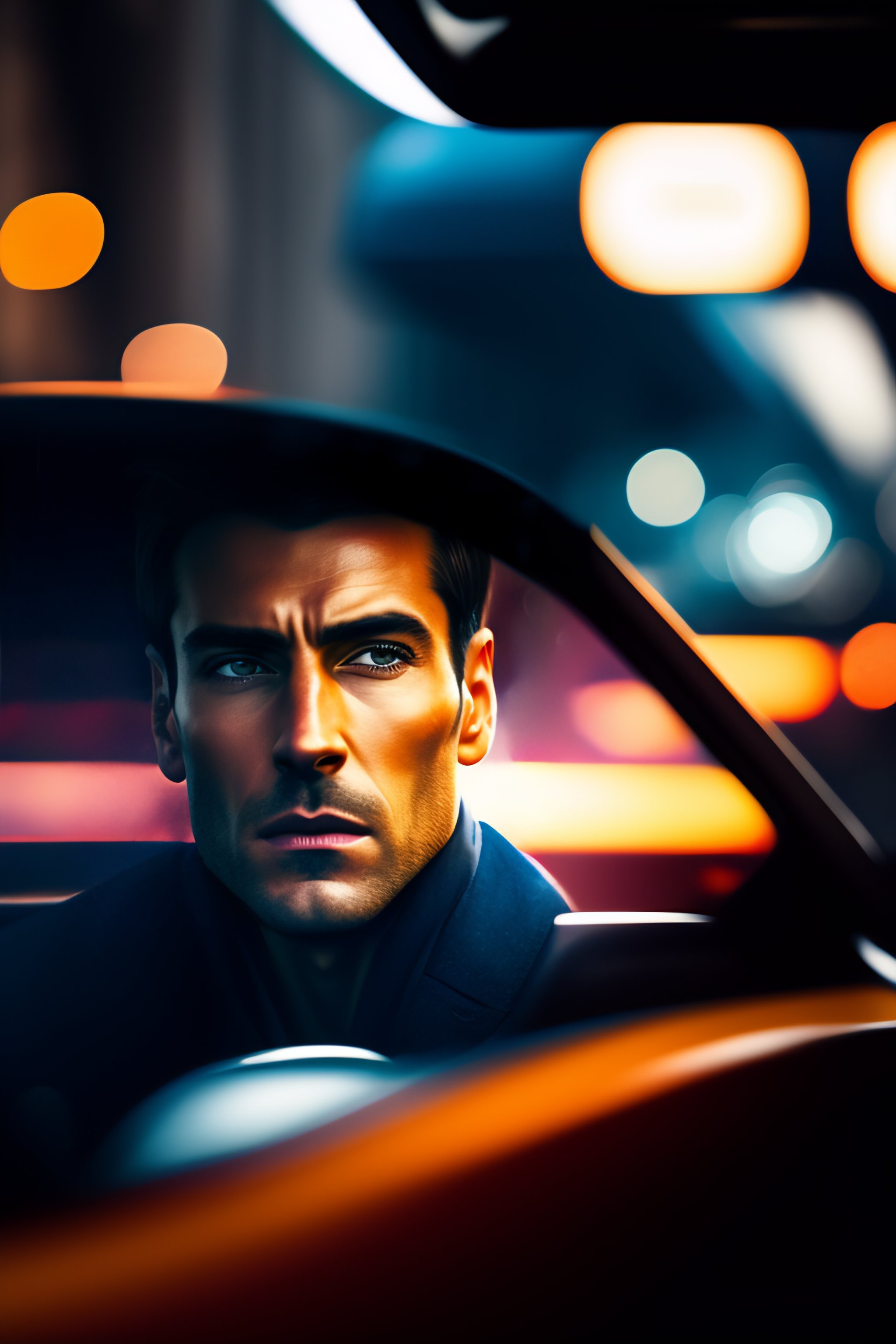 Lexica - A closeup action shot of a male spy driving through the narrow ...