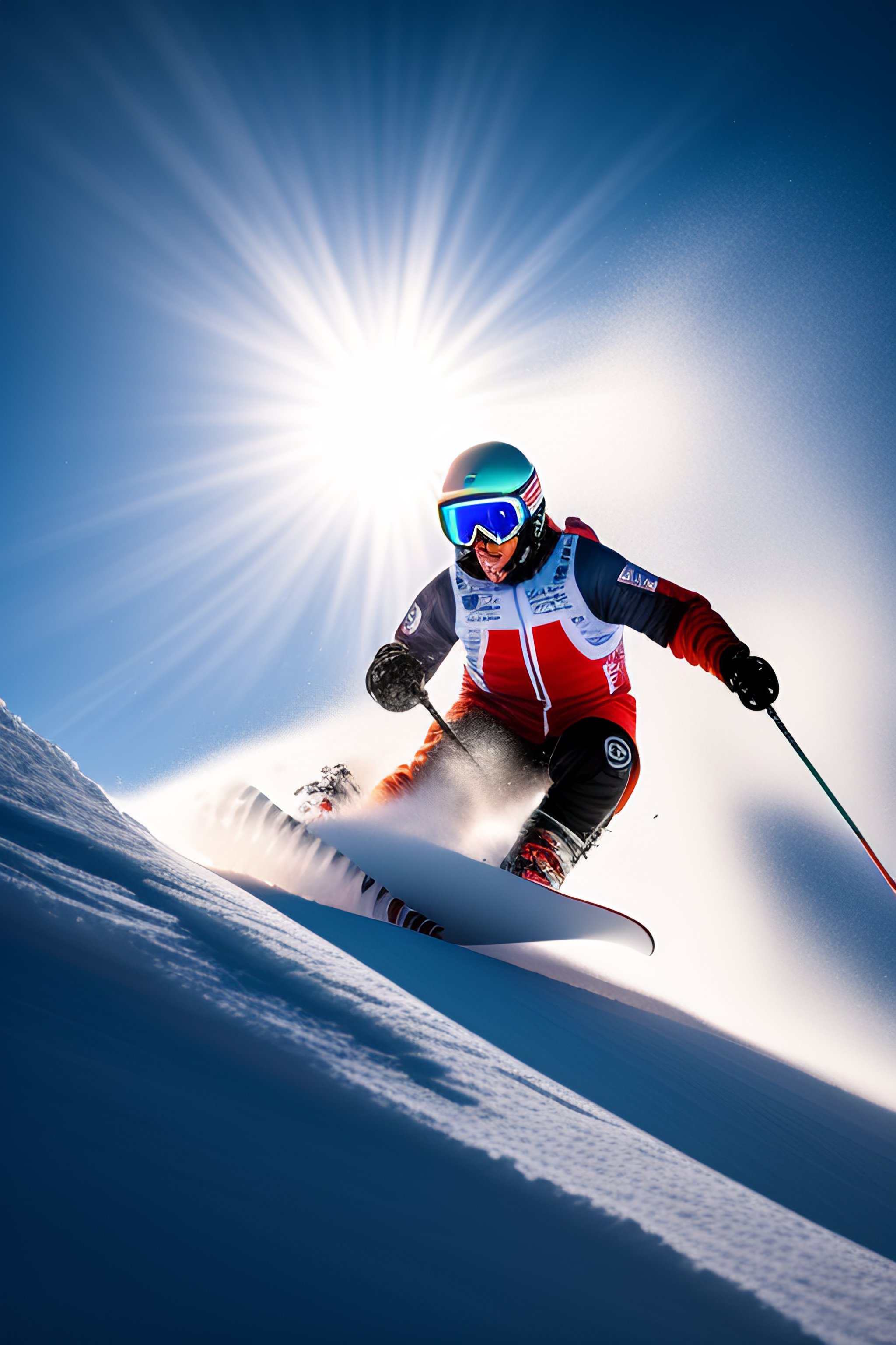 Lexica - Portrait of a downhill skier, hovering in the air, low angle ...