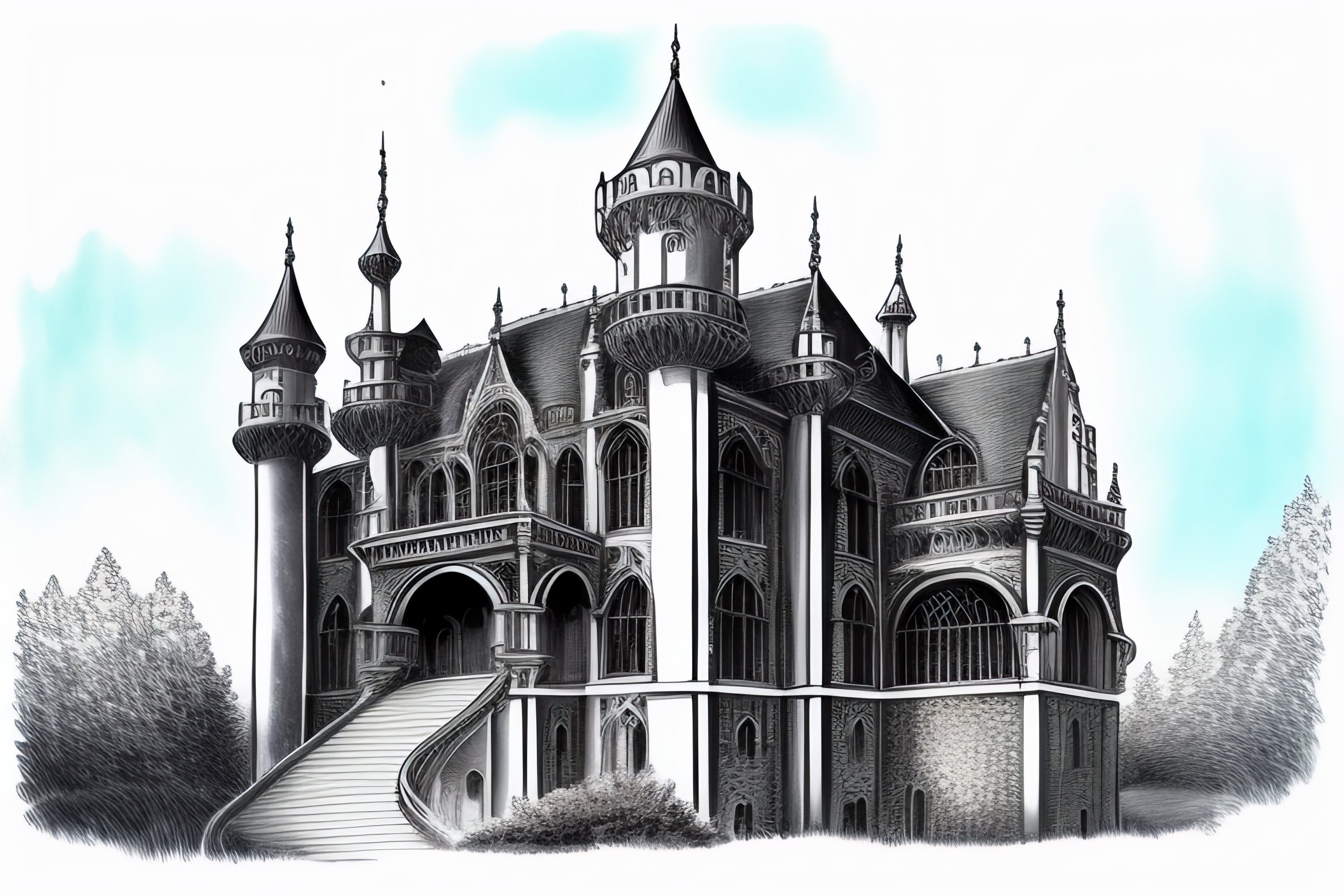 Lexica - A medical castle above the ground floating in the air, pen and ...