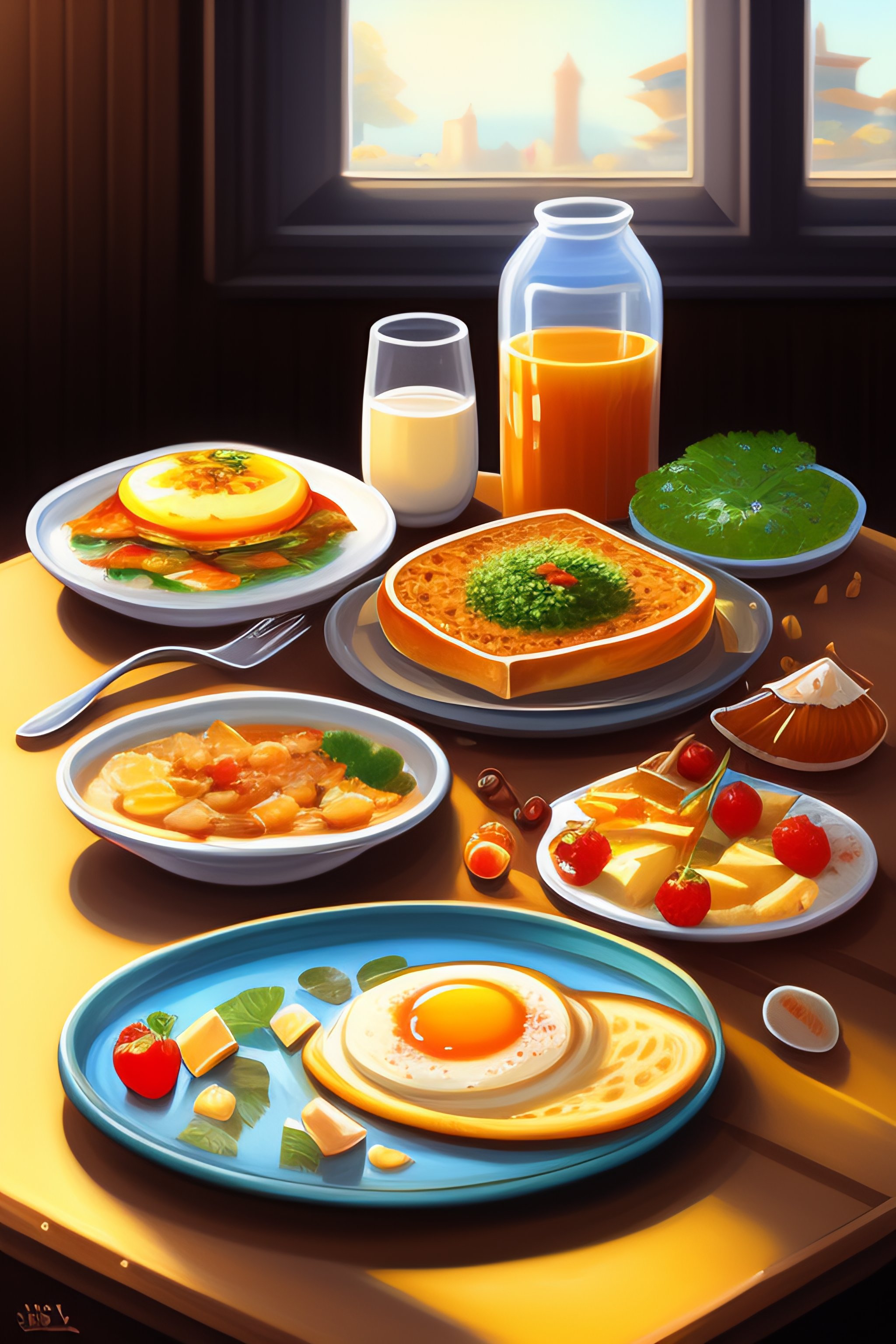 Lexica - A painting of a table full of breakfast foods, concept art by ...