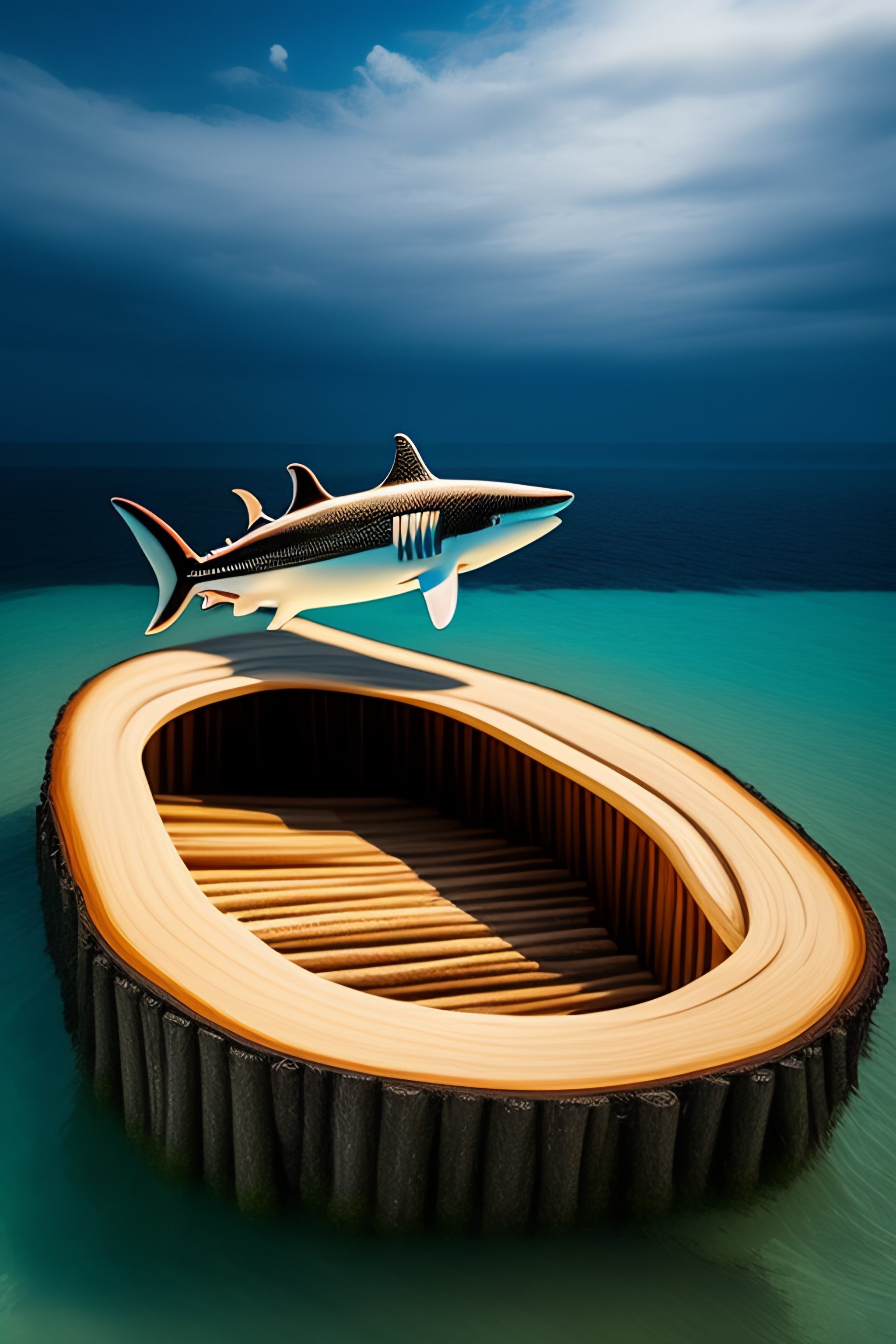 Lexica - 3d art, group of people on raft made out of oak logs, shark in ...