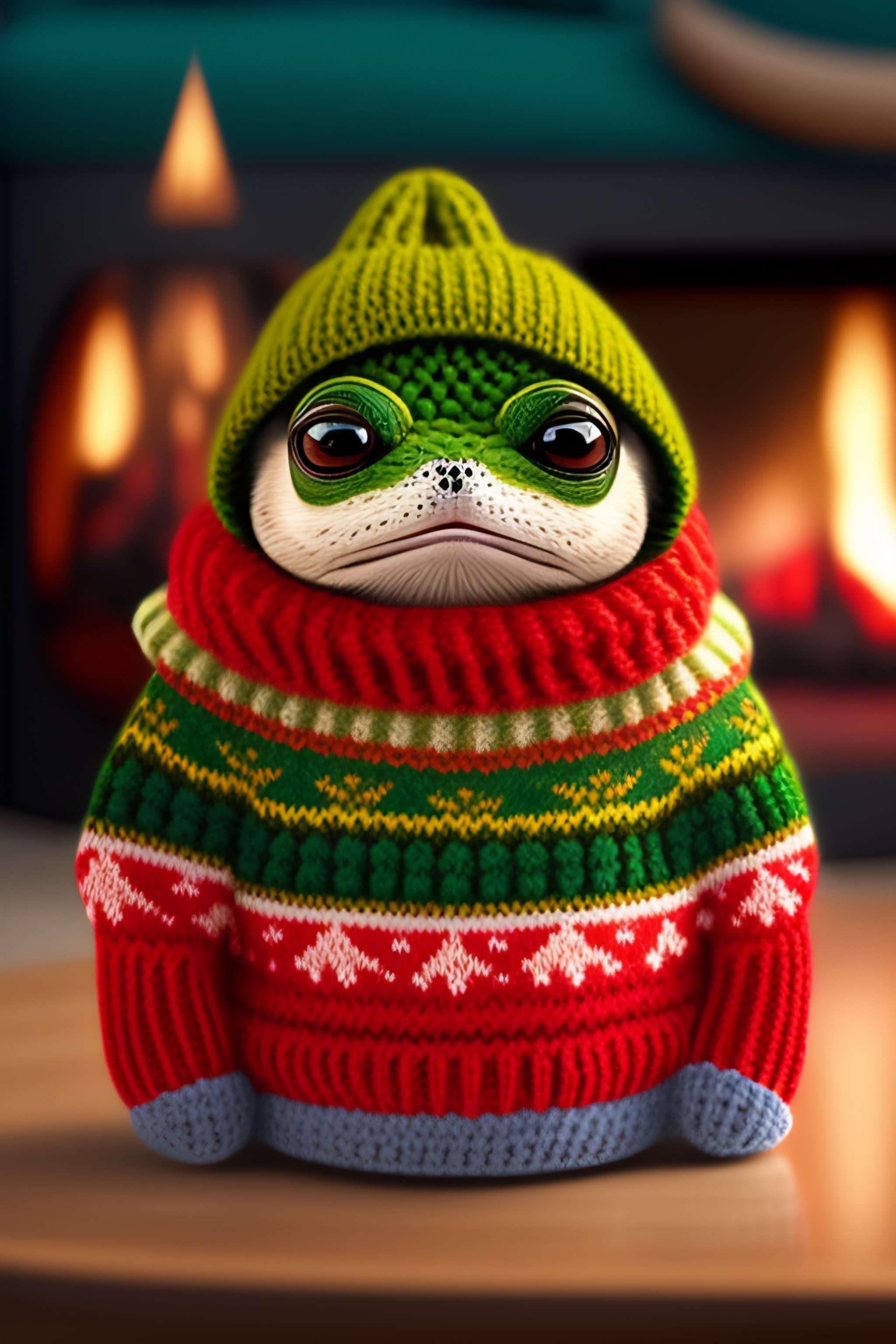 Lexica - A tiny pepe the frog sipping tea wearing a cozy knit sweater ...